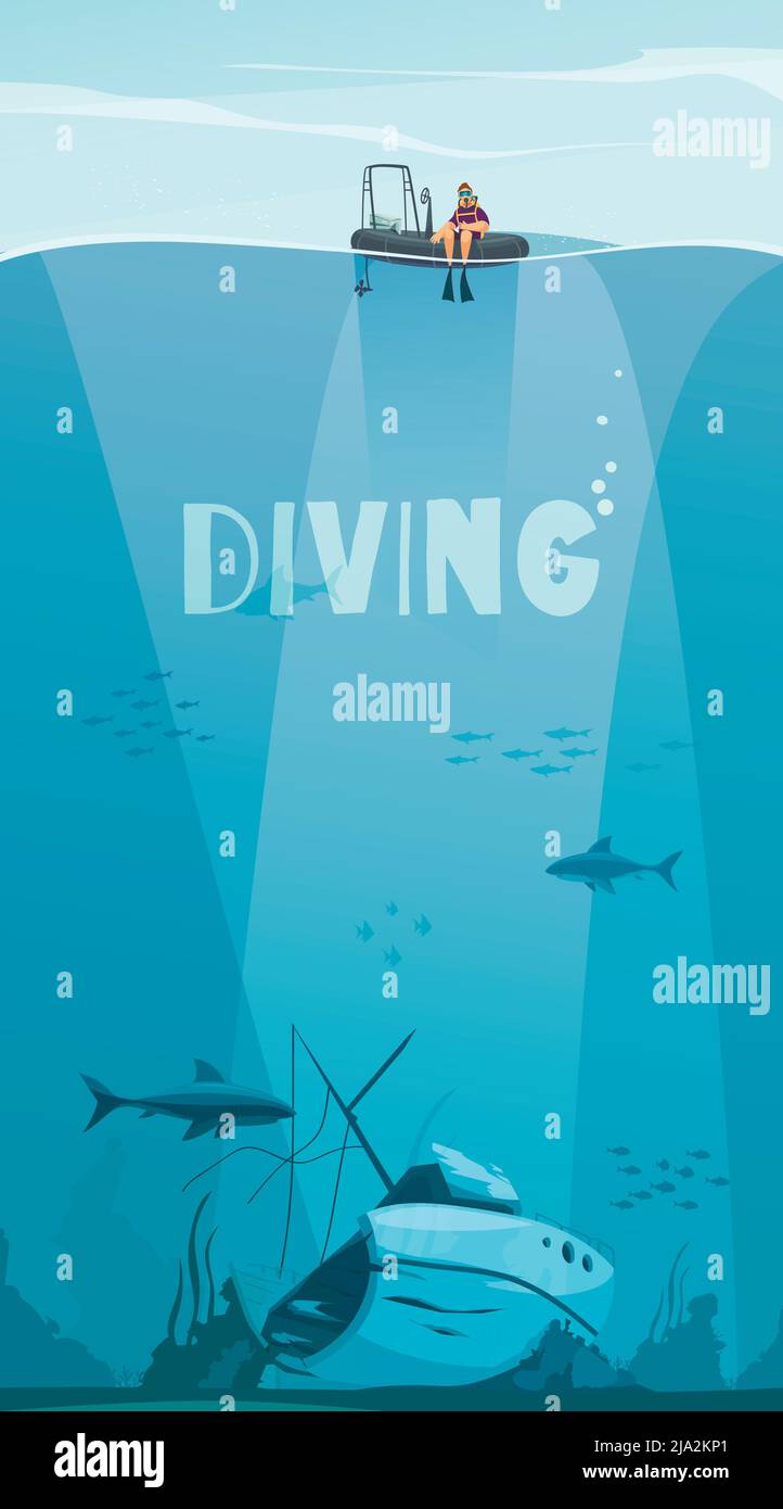 Scuba divers exploring shipwreck deep in the ocean flat comics style ...
