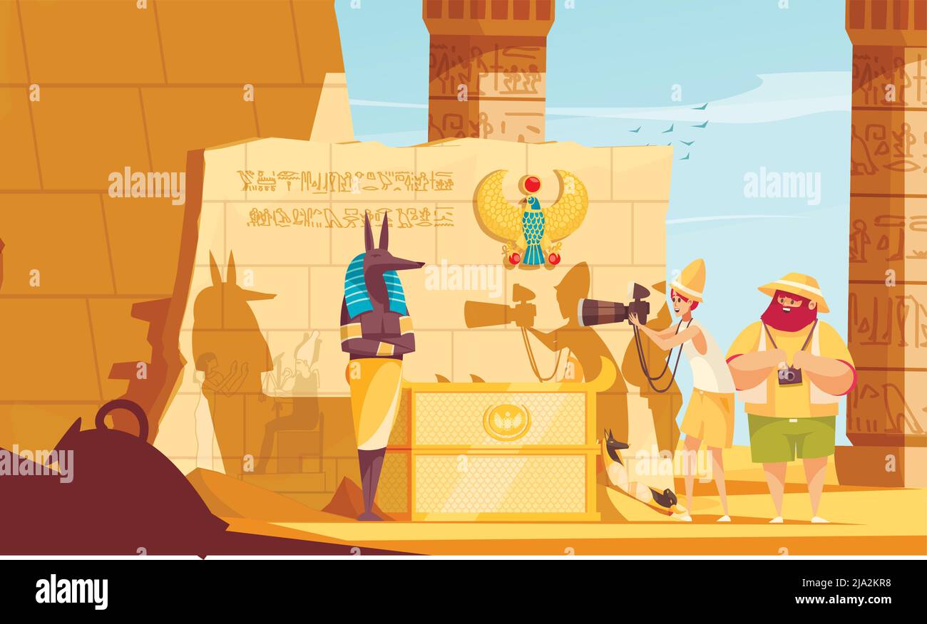 Egypt travel cartoon composition with burial chamber visitors making ...