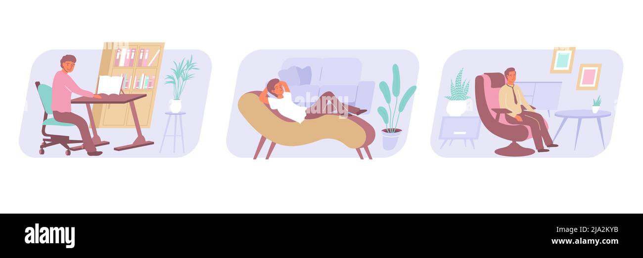 Three flat compositions with men sitting on ergonomic furniture at home ...