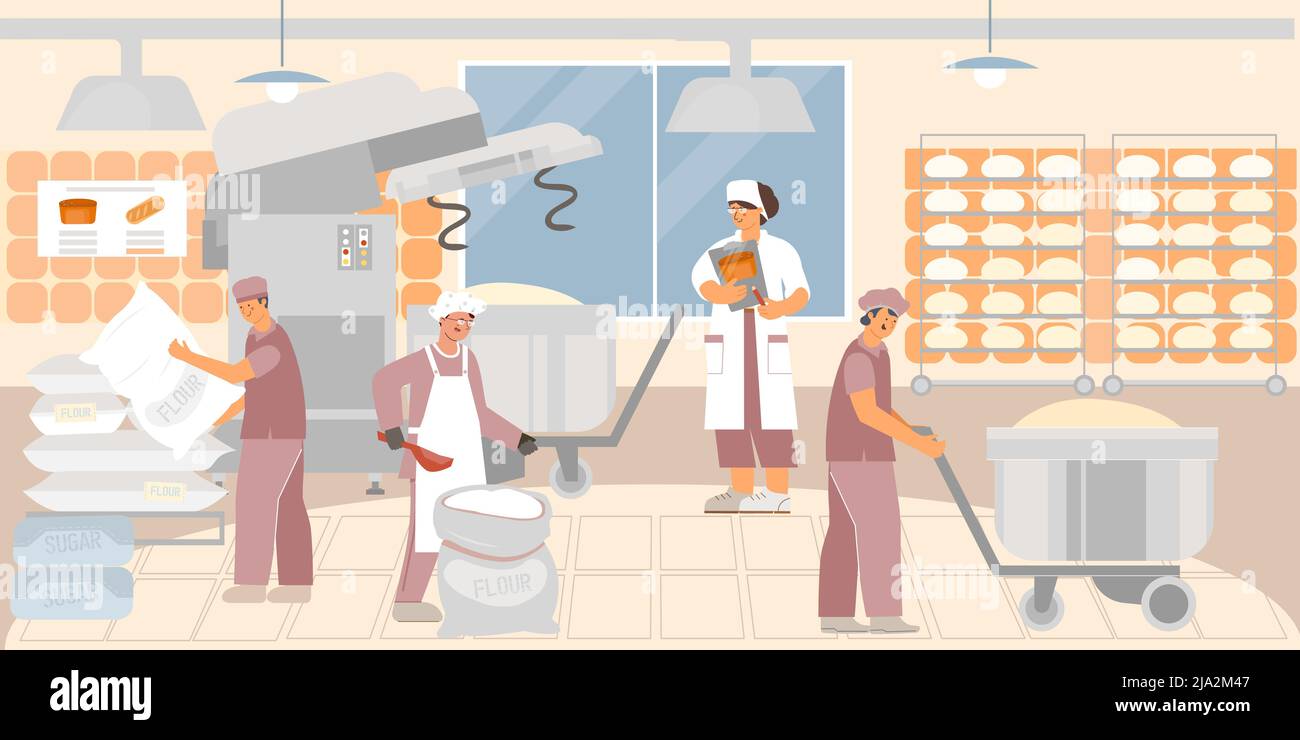 The process of making dough in a bakery factory flat vector ...
