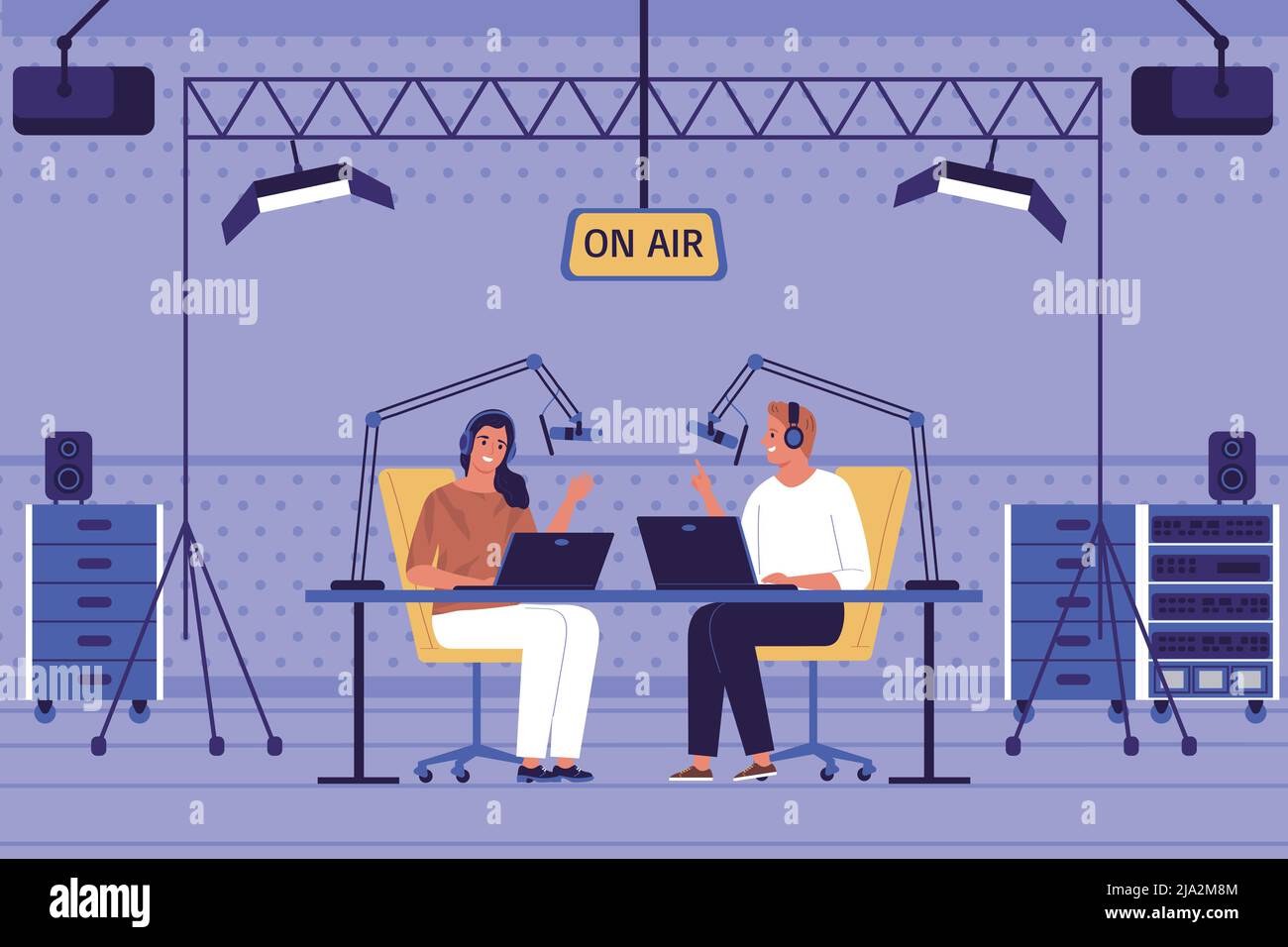 Radio broadcast from the studio with two people talking flat vector ...