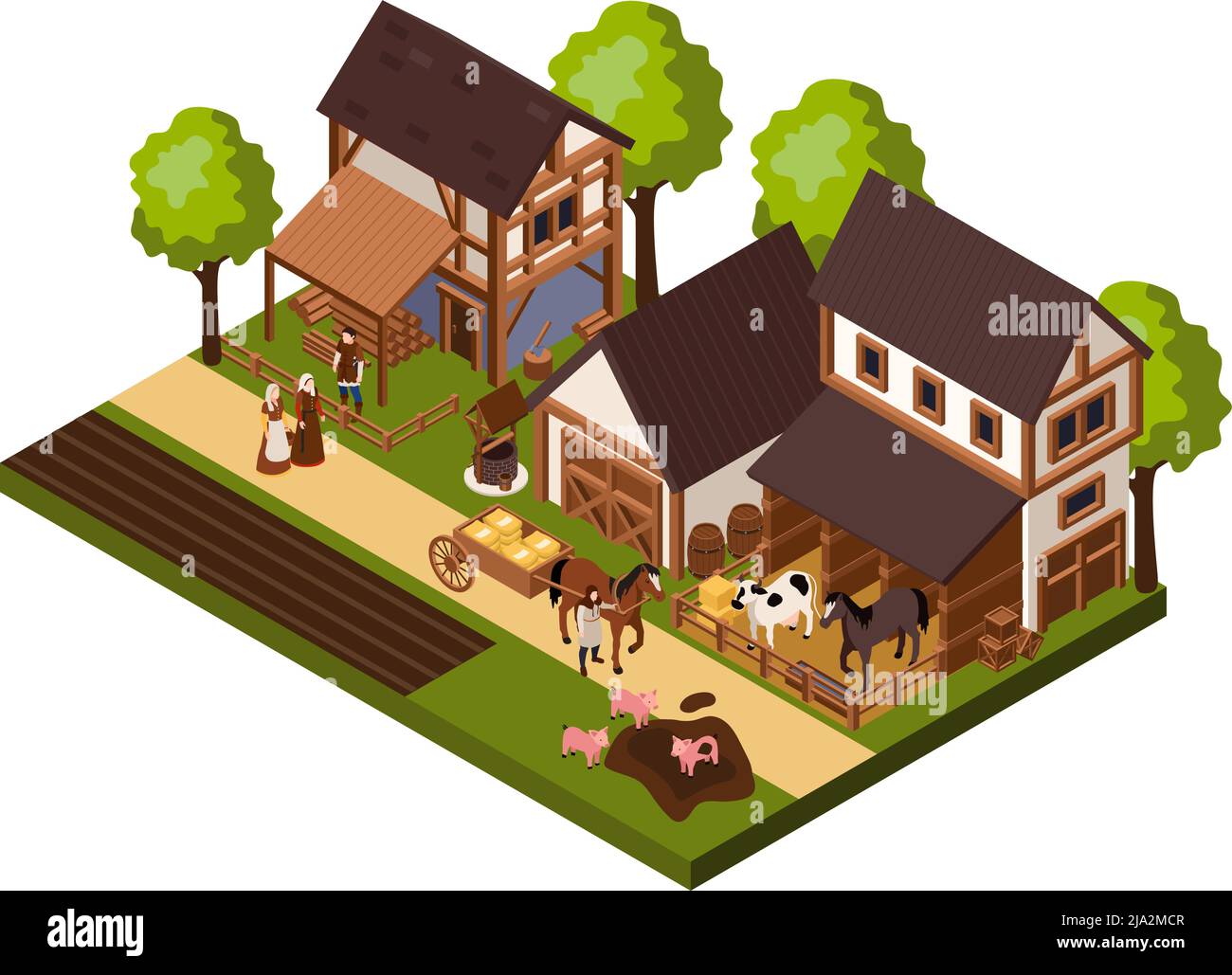 Medieval rural architecture isometric concept with domestic animals ...