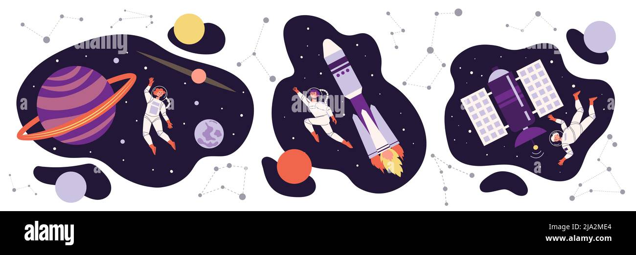 Astronomy space people design concept set man in weightlessness next to ...