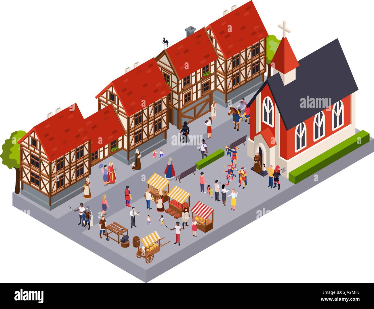Medieval town architecture isometric concept with marketplace church ...