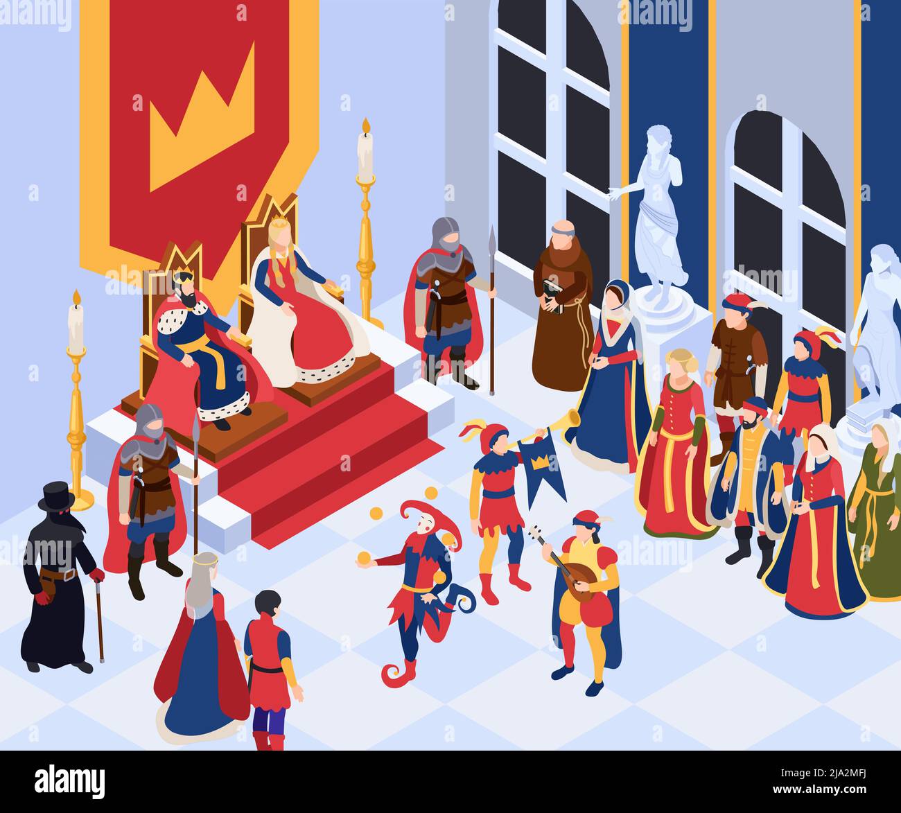 Medieval characters isometric background with king queen and nobility ...