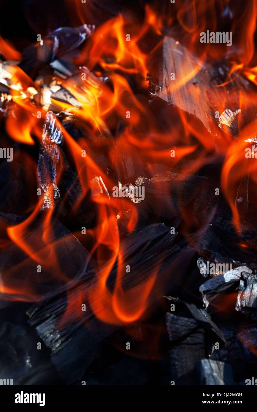 a fire made of logs with a bright flame at a camping while cooking, a ...