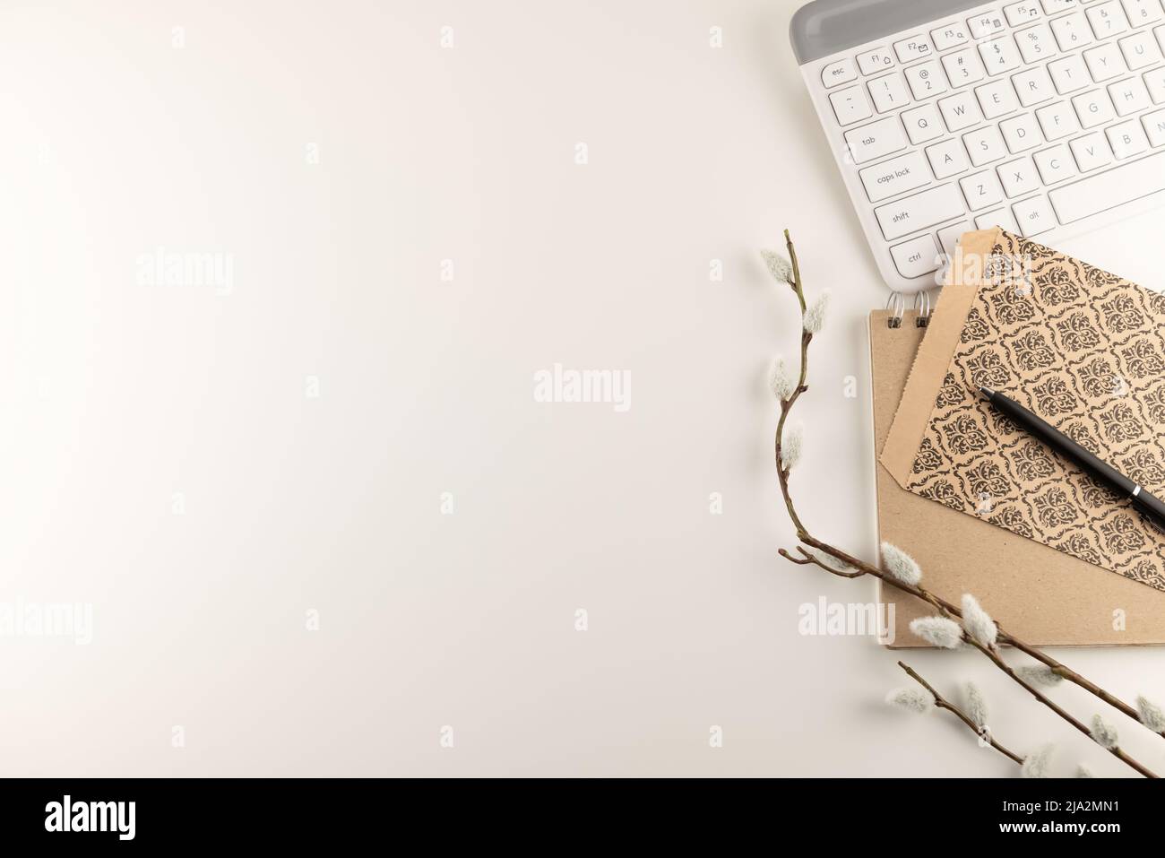 Office flat lay with Salix Caprea branch with white background Stock ...