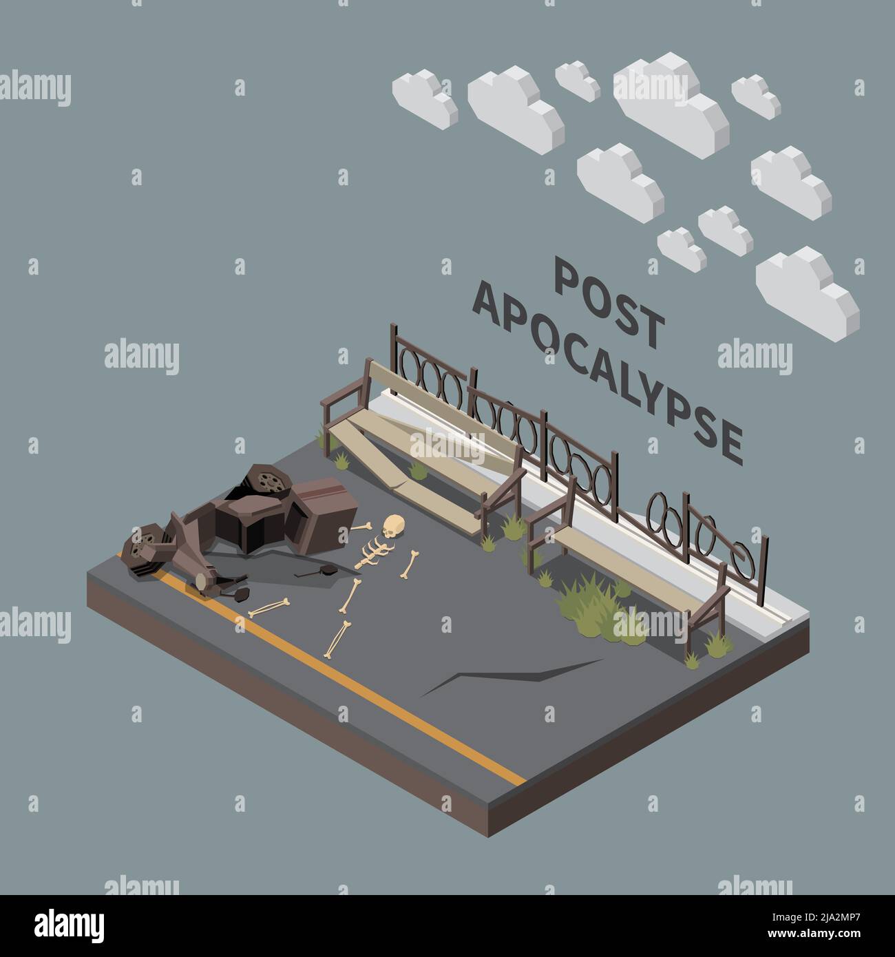 Post apocalypse isometric composition with fragment of city park with ...