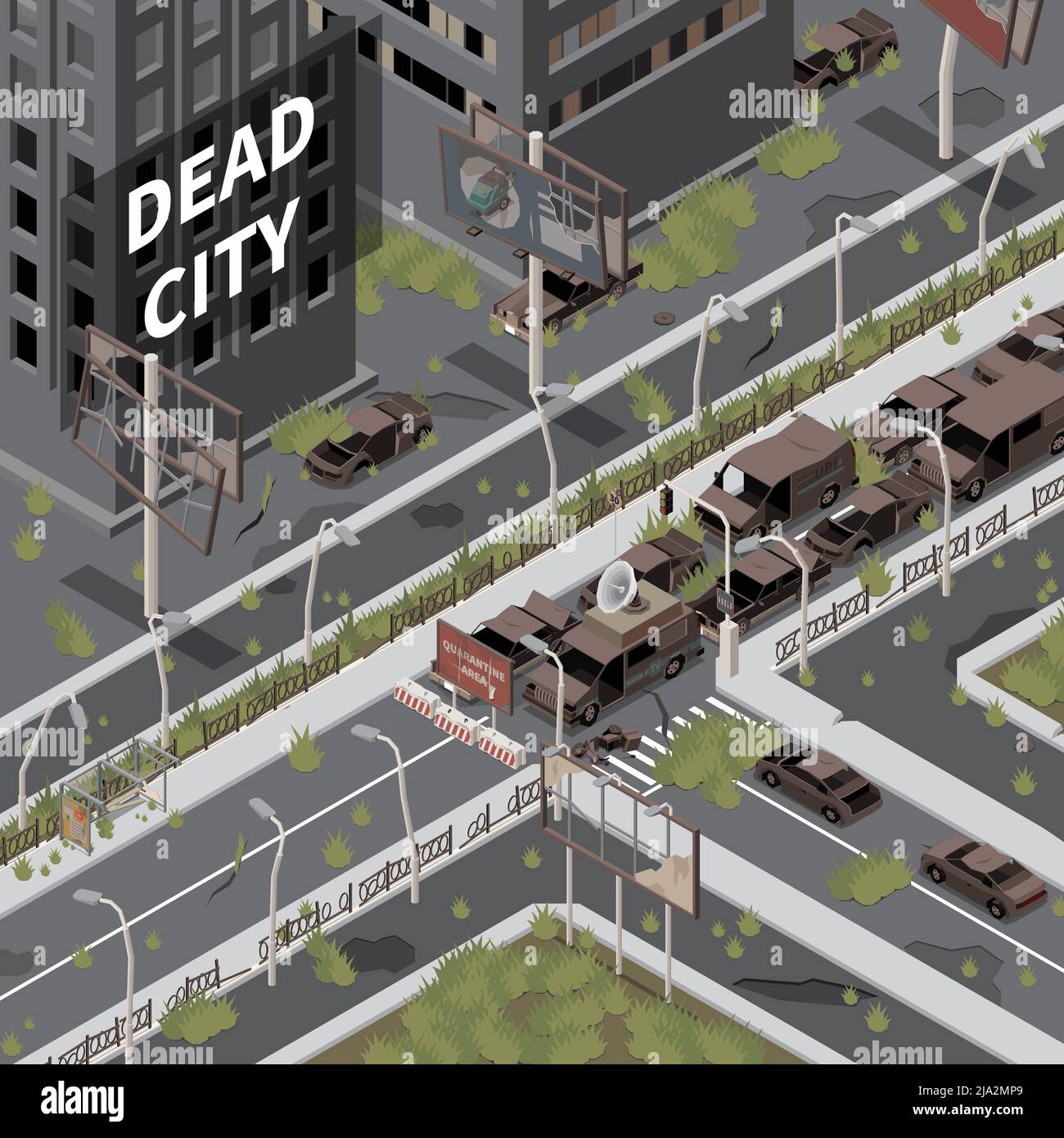 Dead city deserted urban landscape with destroyed abandoned buildings ...