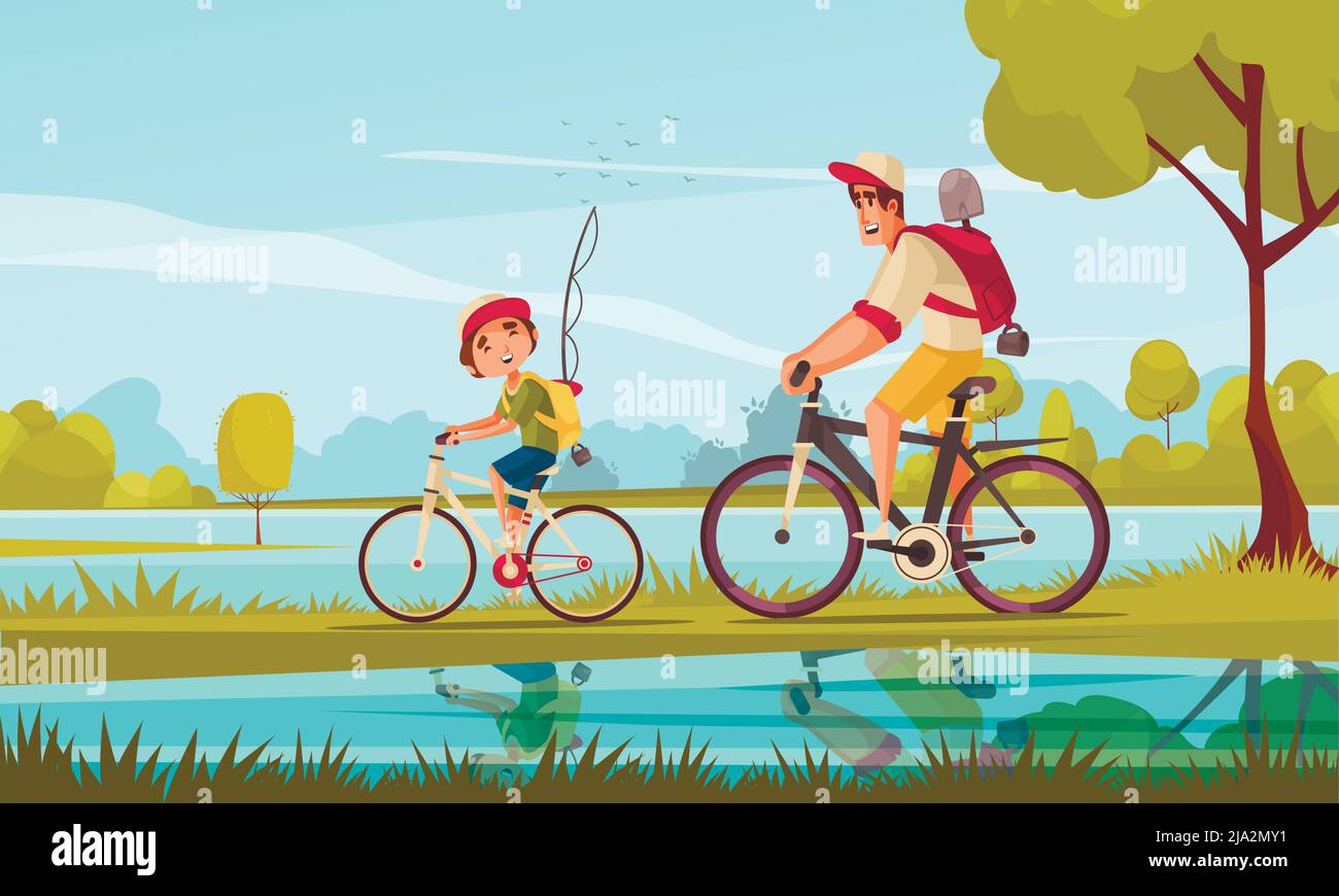 Cycle family background with sport and activity symbols flat vector ...