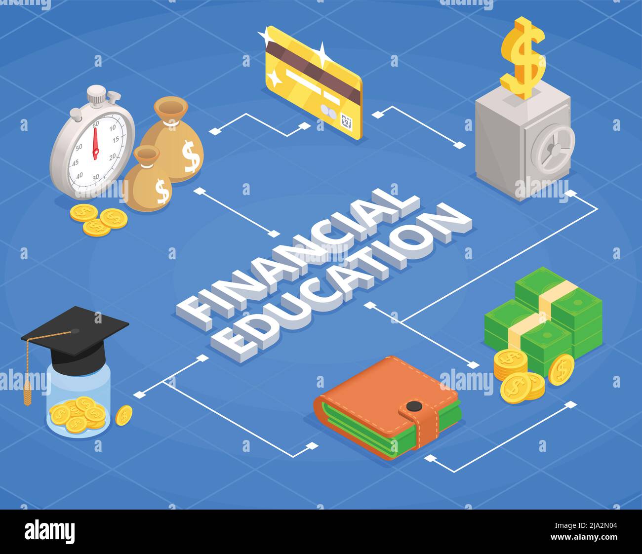 Financial education literacy isometric flowchart pointers to leather ...