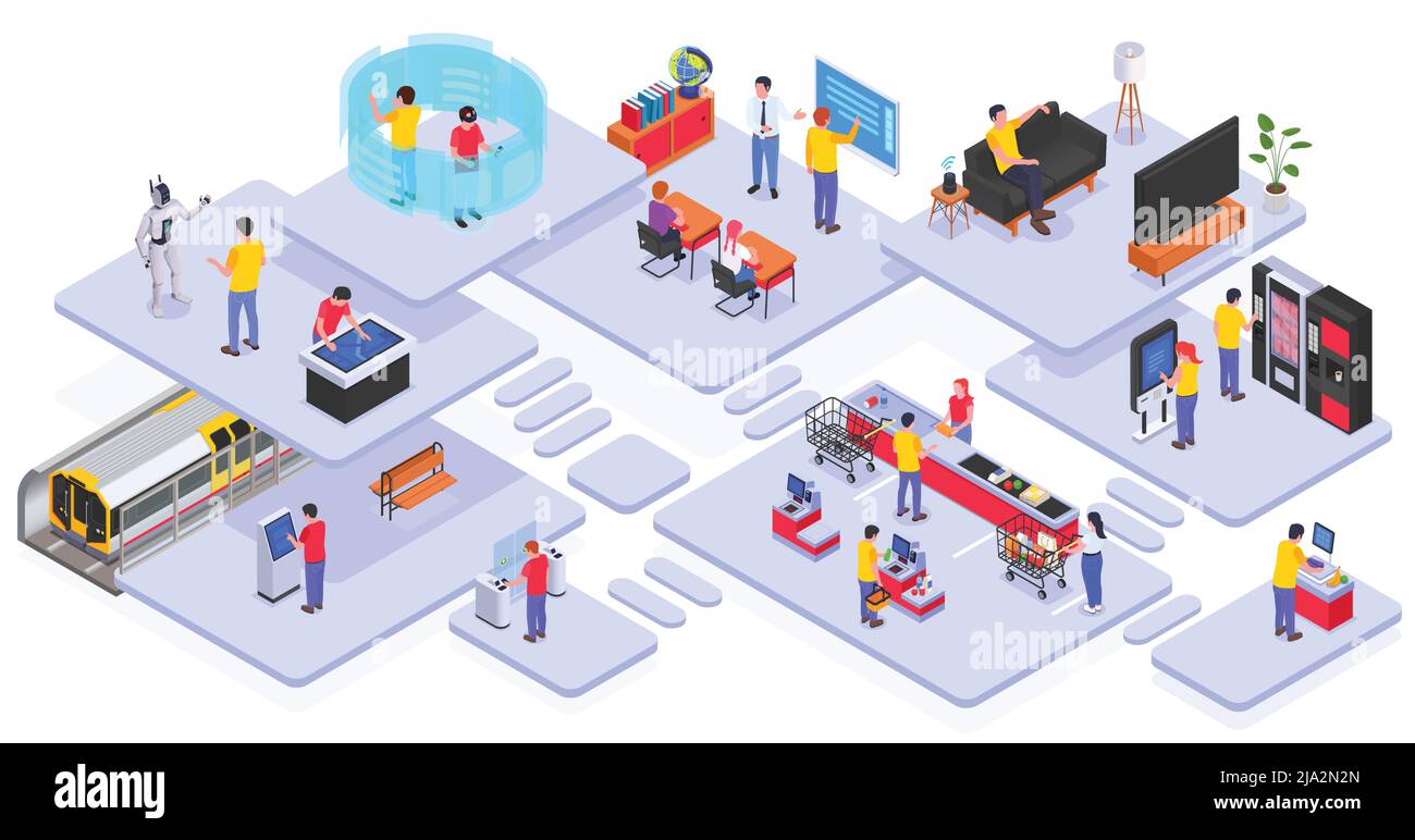 People using interfaces isometric colored composition people stand on abstract podiums and talk ...