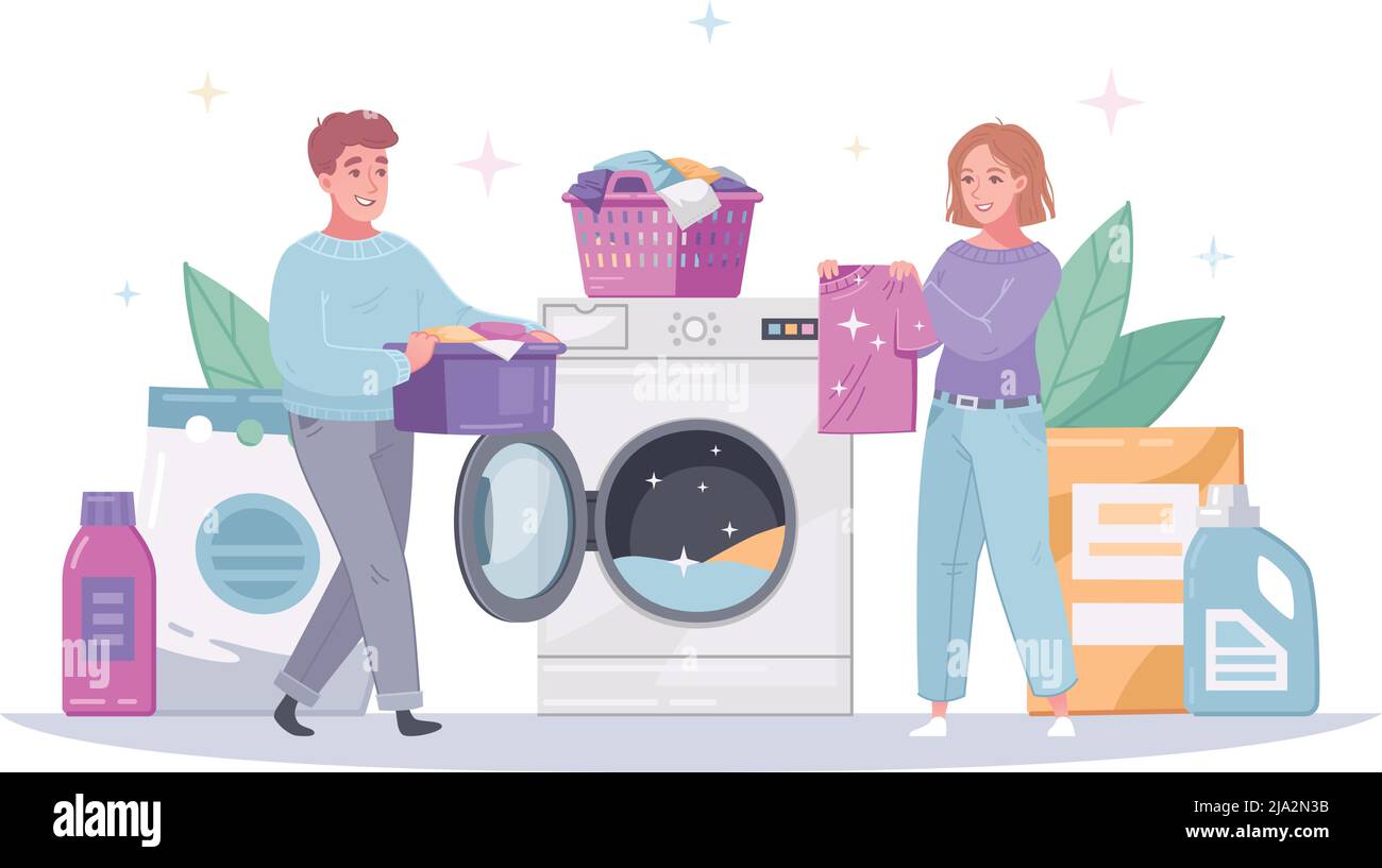 Apartment building on site laundry room cartoon composition with ...