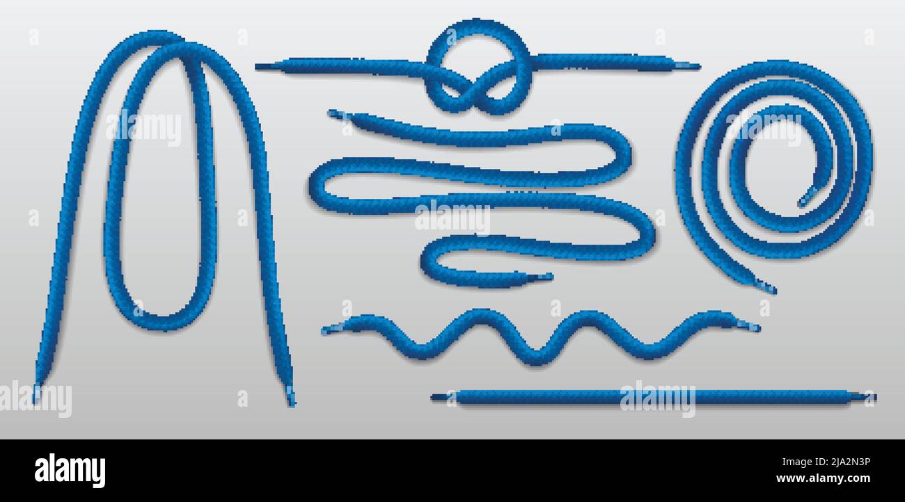 Blue shoelaces straight curly coiled wavy loop lashing realistic set ...