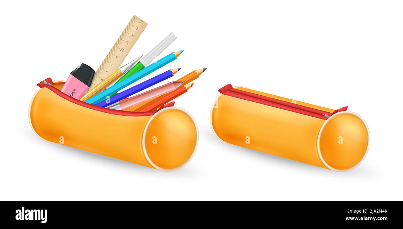 Open and closed orange school pencil case with pencils ruler ...