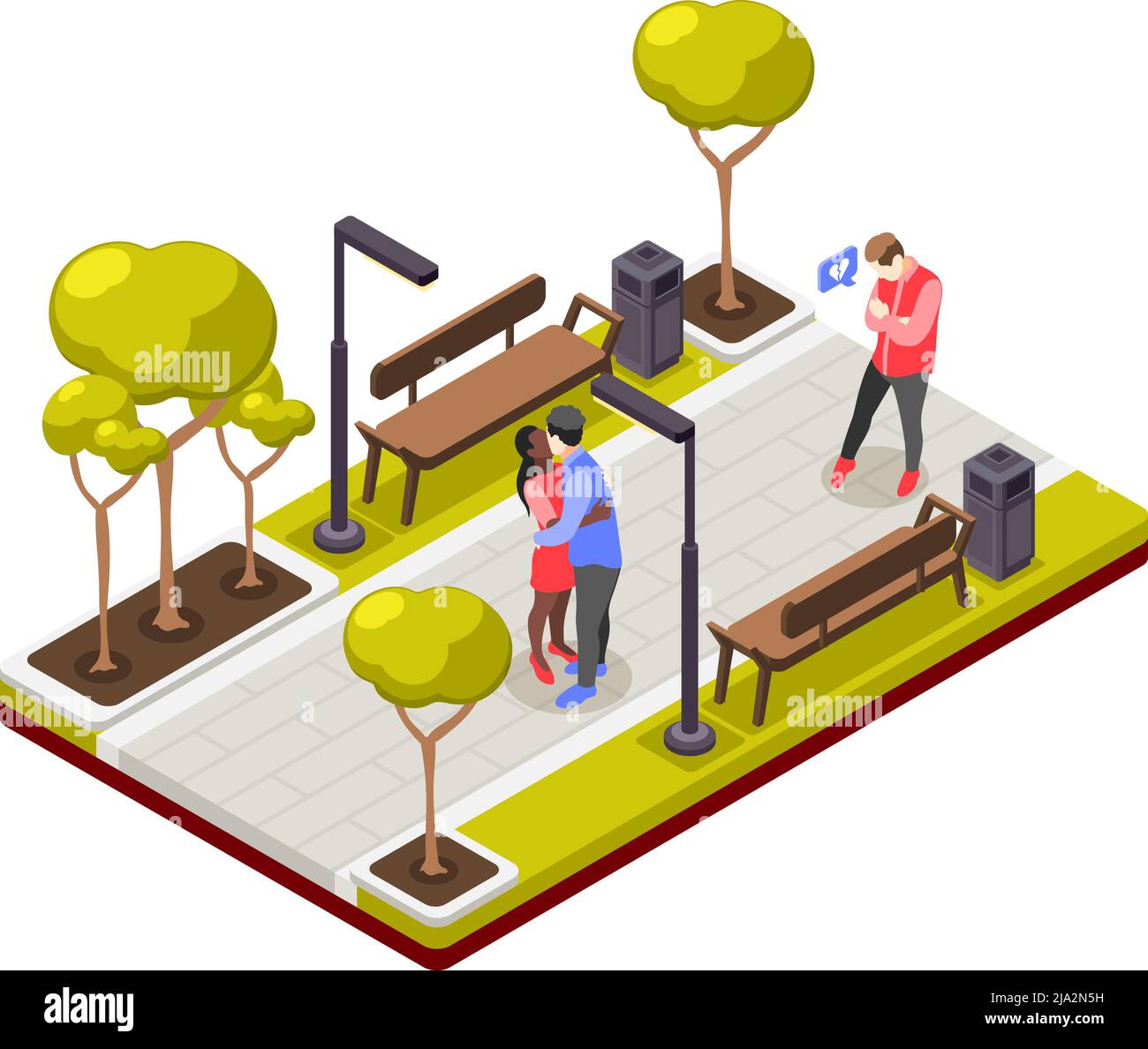 Friendzone isometric composition with view of city street characters of ...