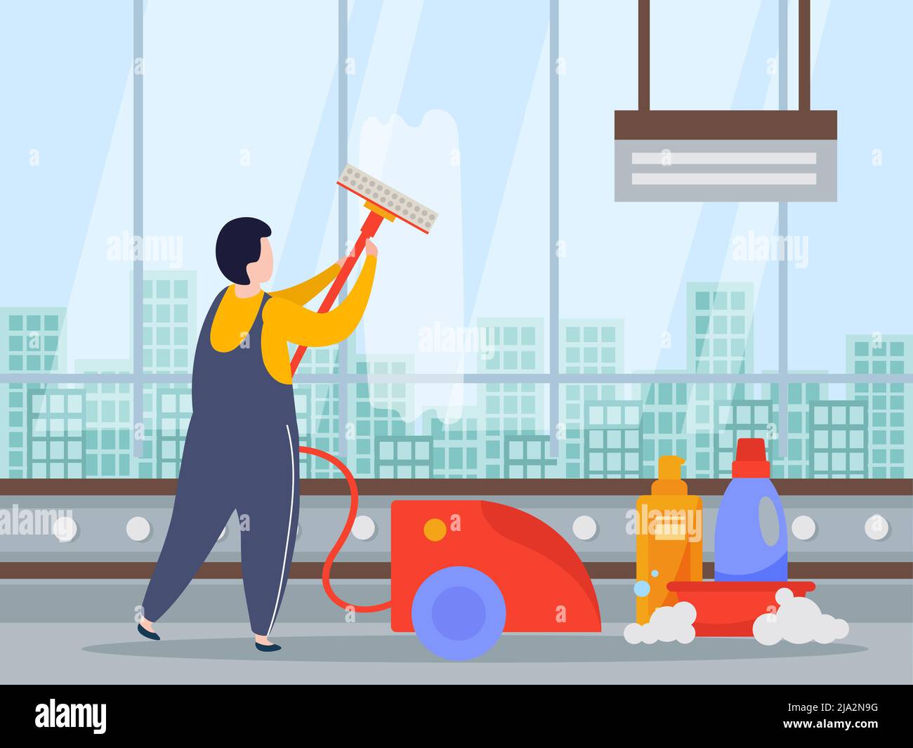 Windows cleaning flat composition with human character washing wide ...