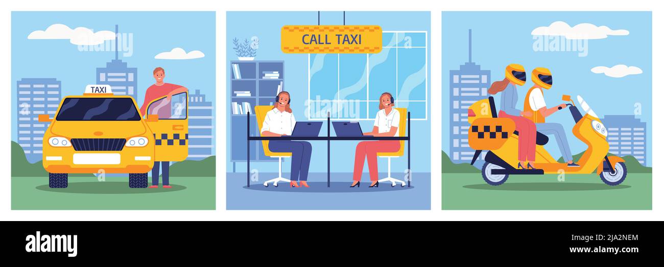 Taxi set of three square compositions with cityscape sceneries and ...