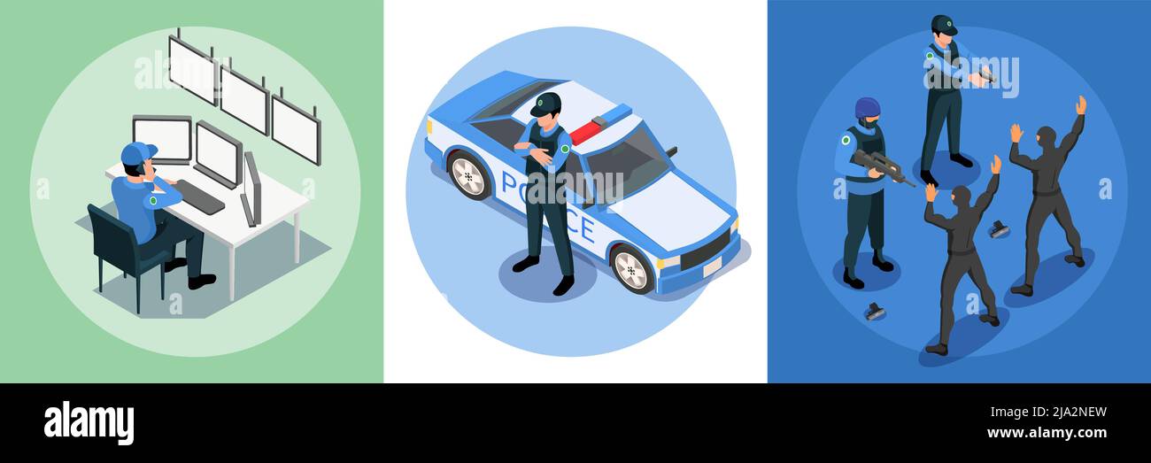Police security isometric design concept set of three square ...