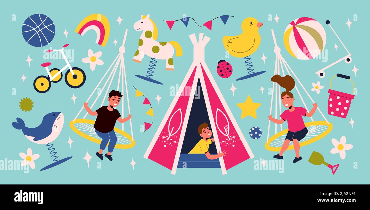 Flat set with happy children colored equipment and objects for kids ...