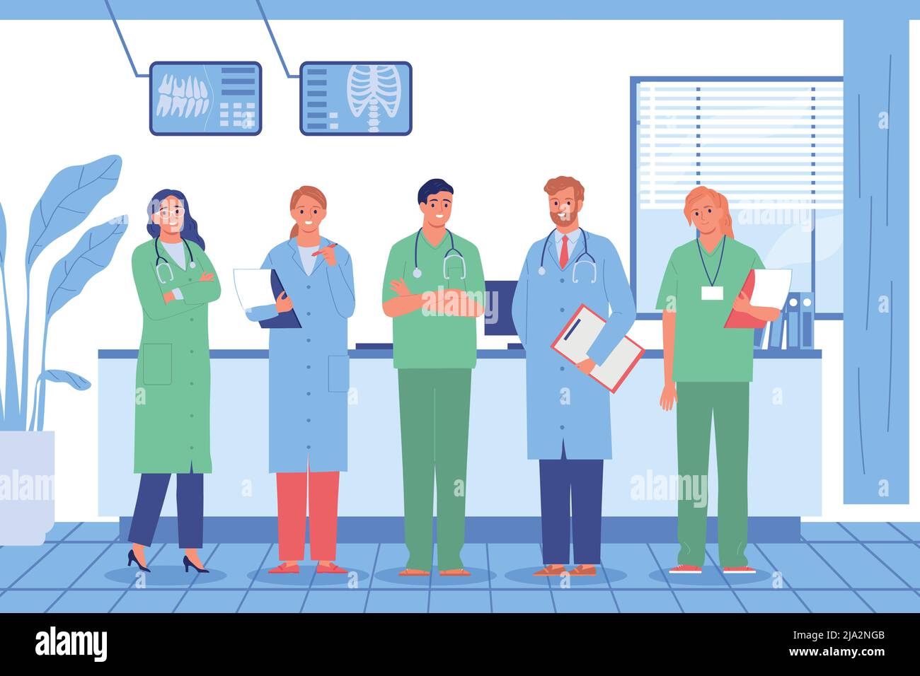 Hospital doctors composition with clinics reception scenery and doodle ...