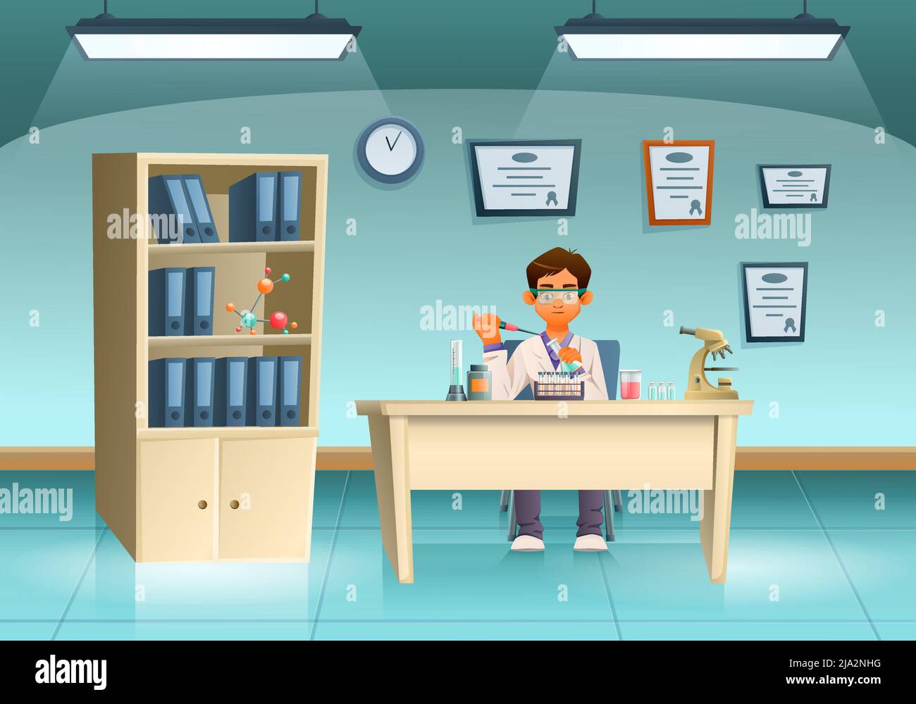 Cartoon scientists composition laboratory employee is studying ...