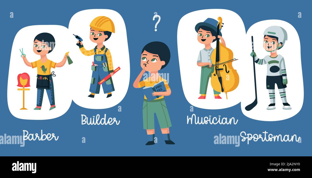 Children profession composition with character of little boy question ...