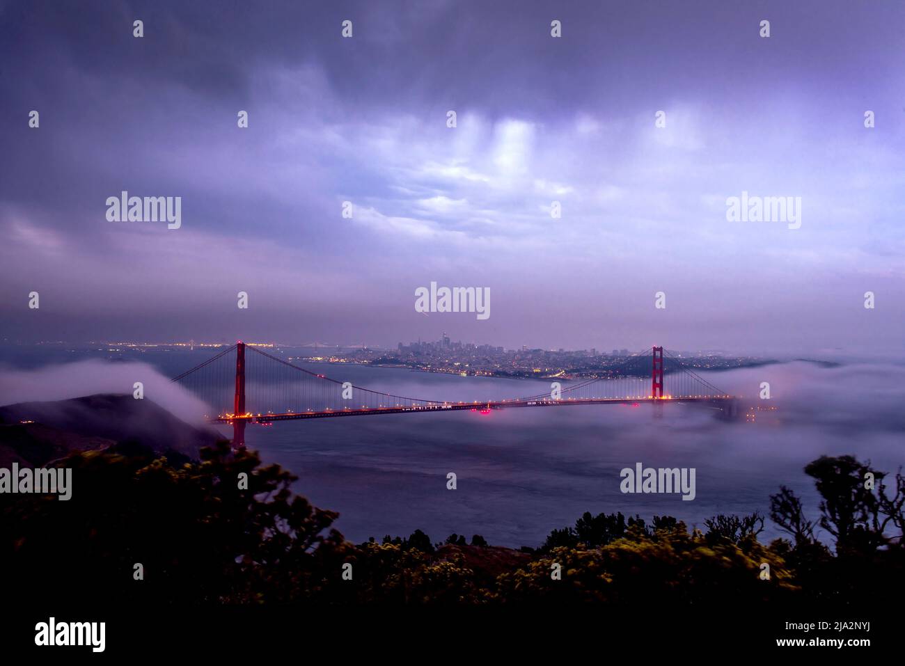 Panorama of Golden Gate Bridge at night time, San Francisco, US Stock ...