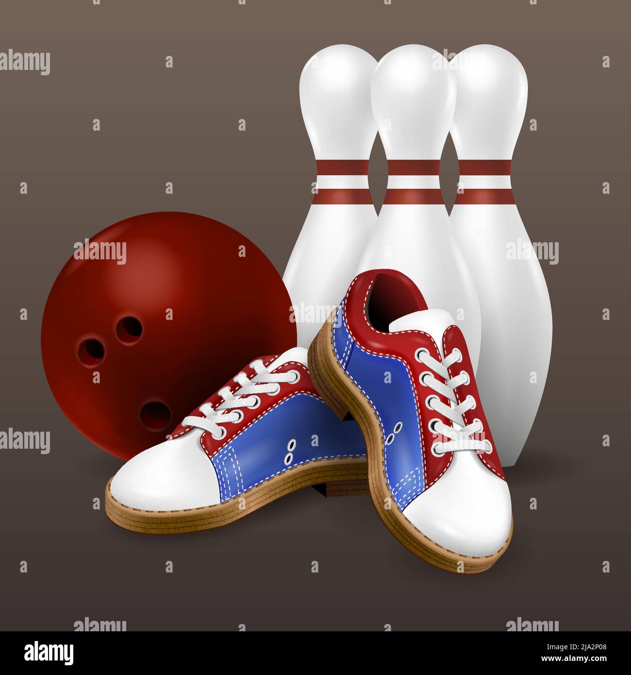 Realistic bowling composition with images of colorful shoes and ball ...
