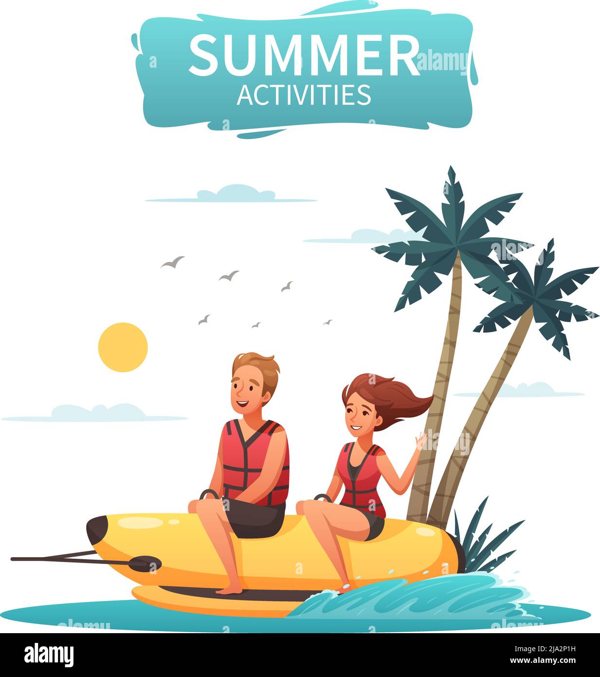 Happy couple doing water sports riding banana boat cartoon vector ...