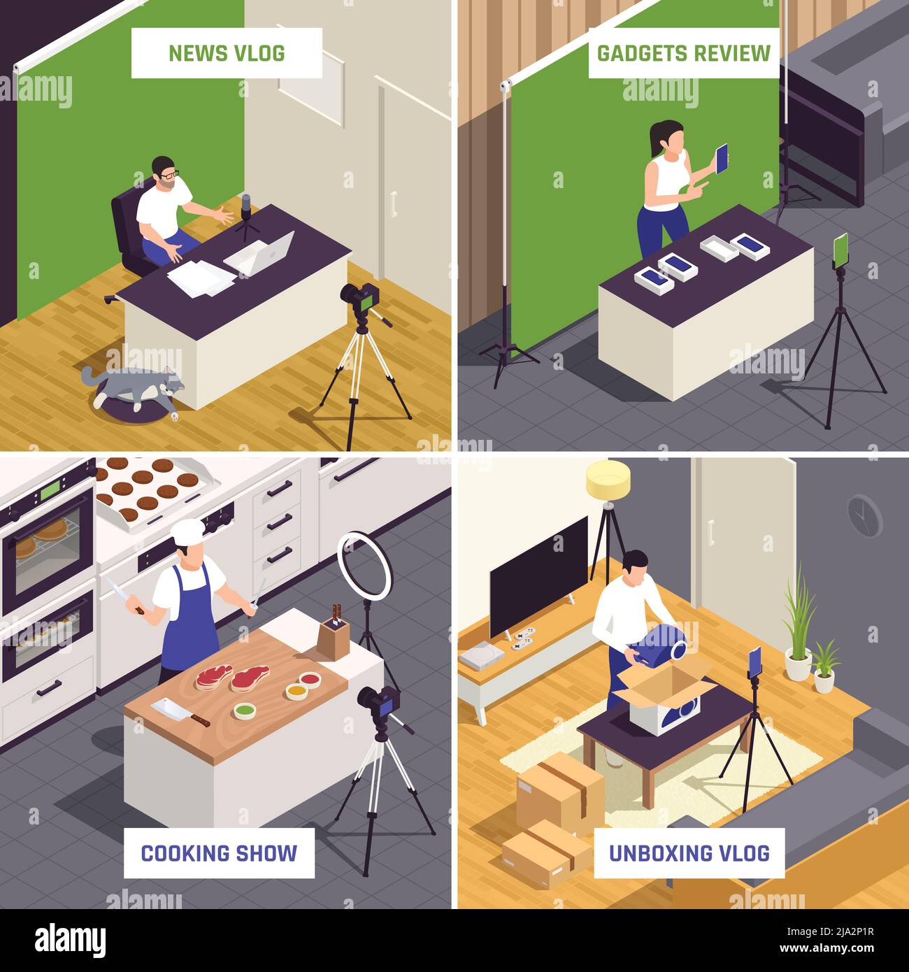 Popular video bloggers 4 isometric compositions with news vlog gadgets ...