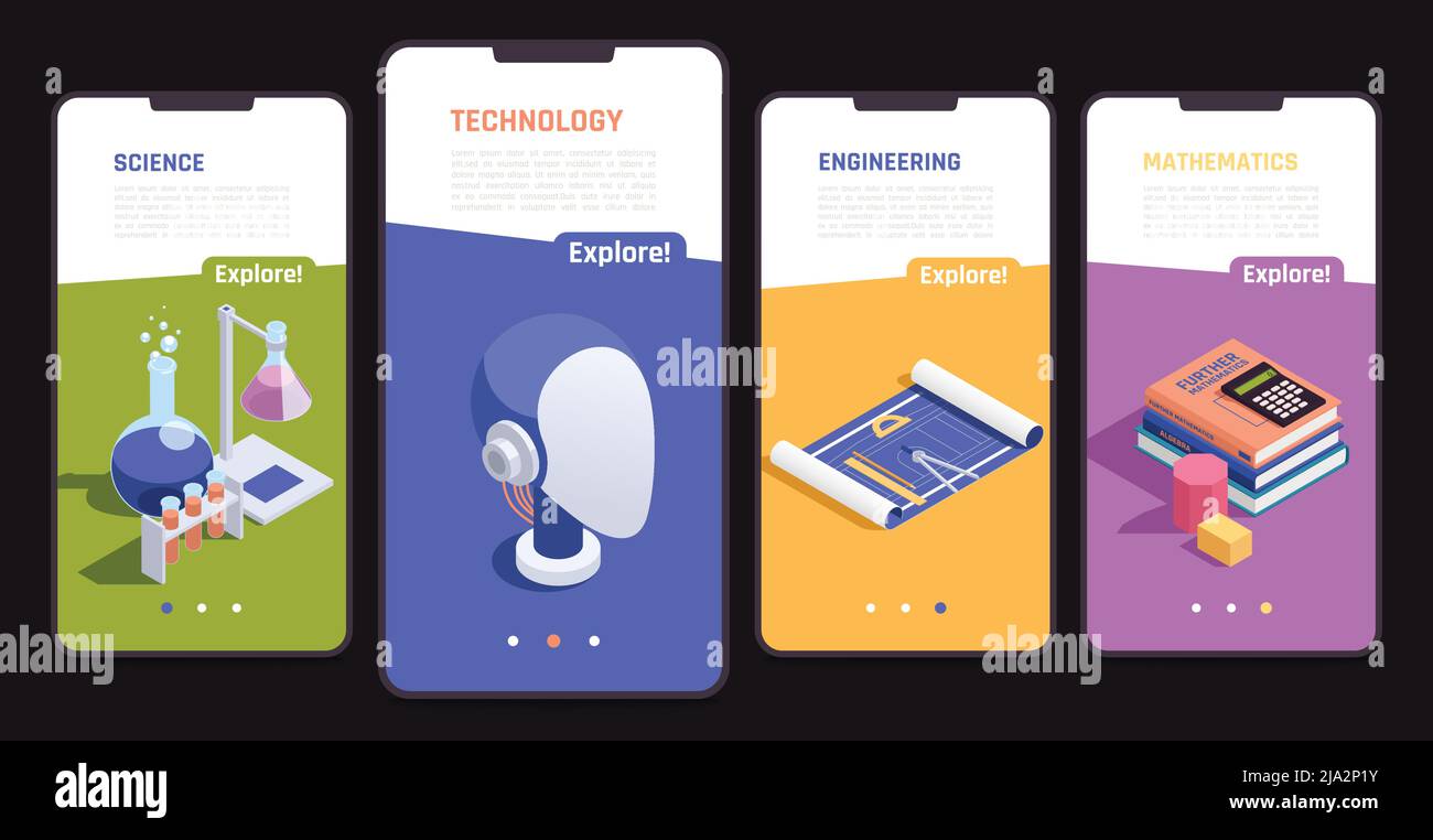 STEM education 4 isometric smartphone screens set with project science ...
