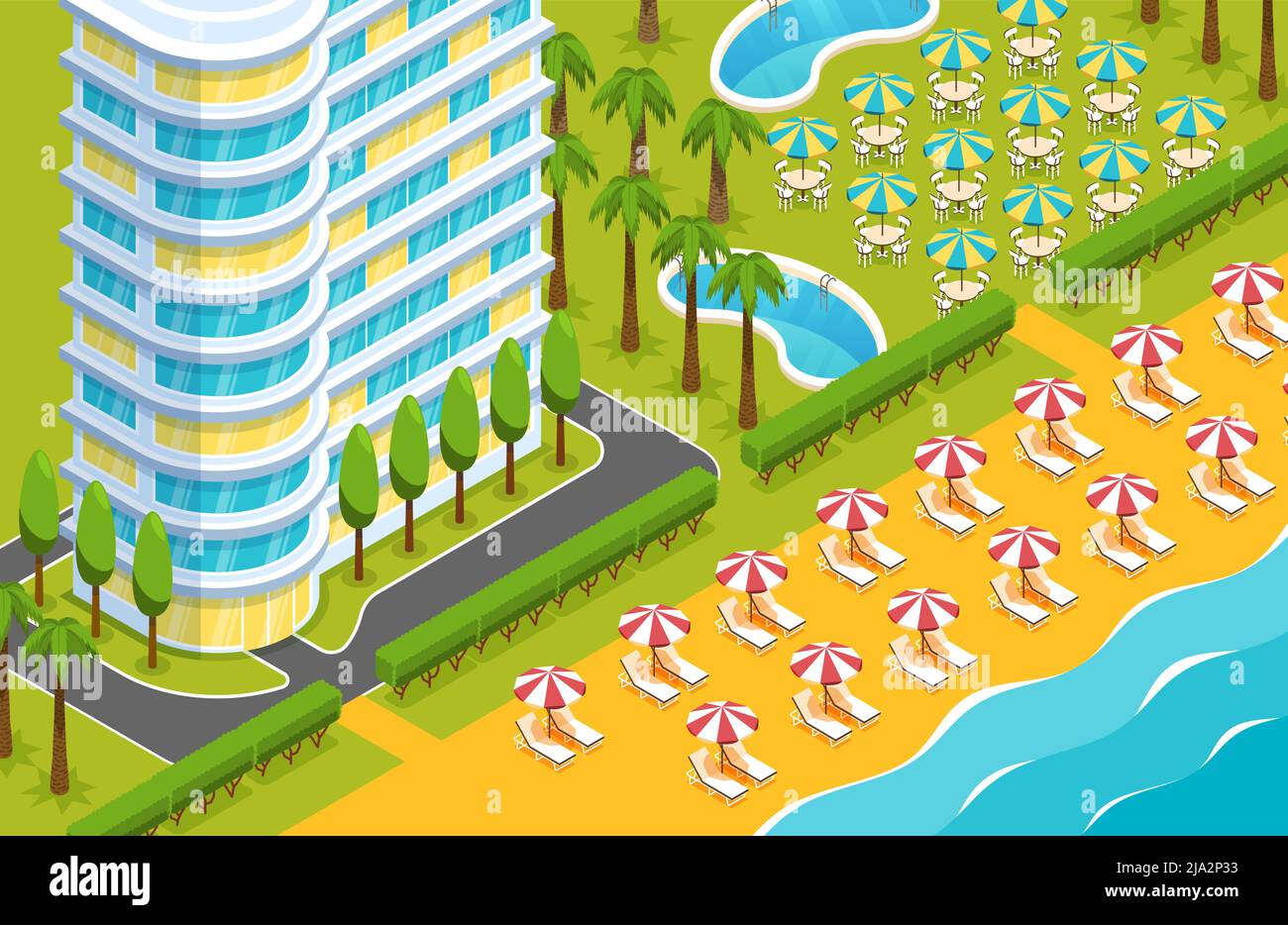 Many storeyed hotel building exterior beach with lounges outdoor tables ...