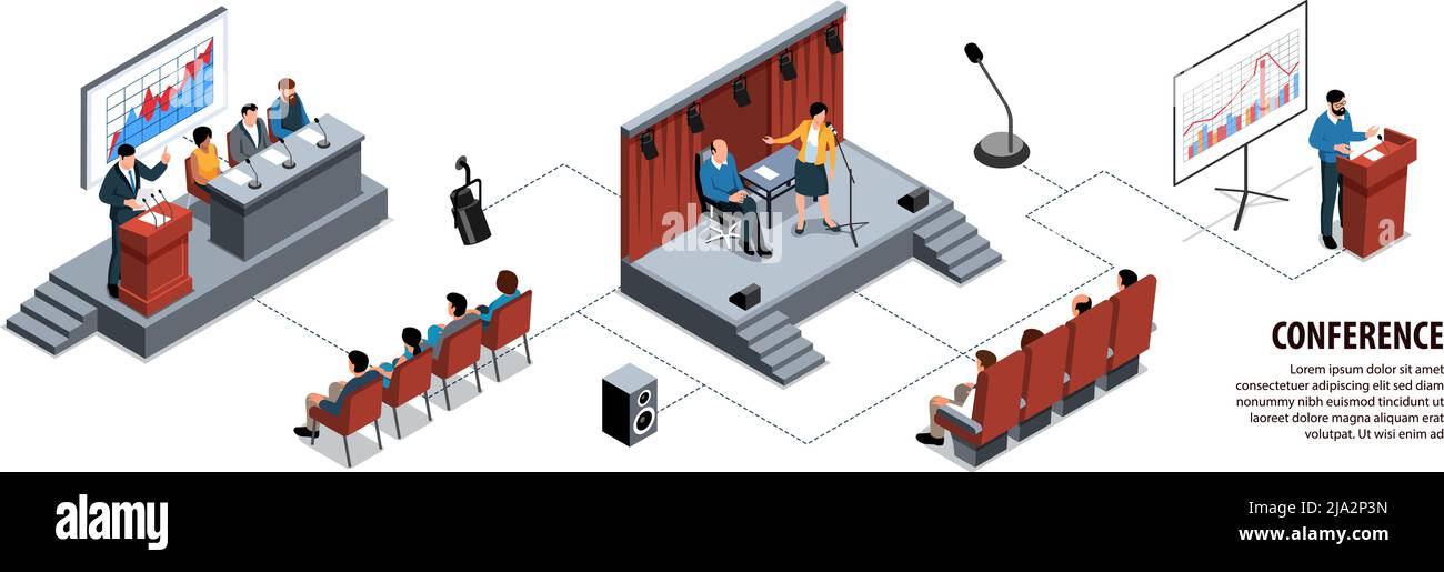 Isometric conference hall infographics with editable text and flowchart ...