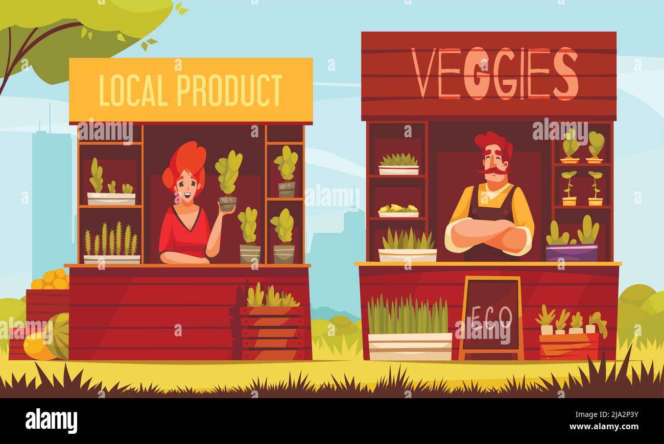 Local farmers market background with male and female characters selling ...