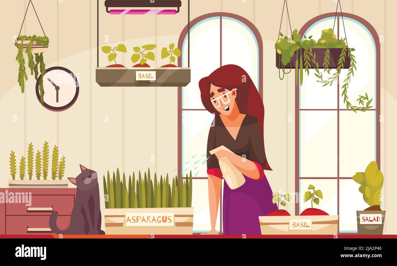 Local farmers flat background with young woman growing various types of ...