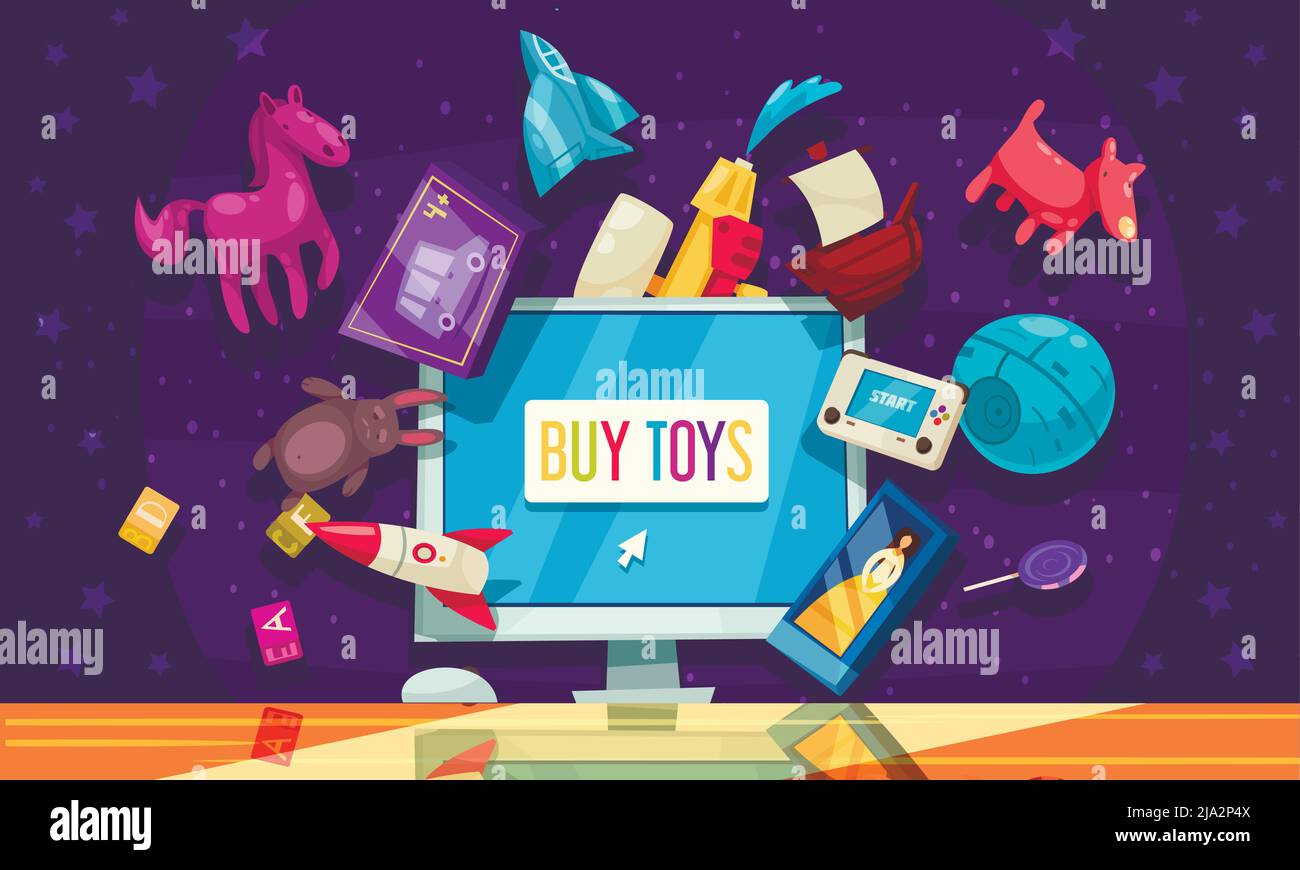Online toys shop cartoon composition with playthings collection around ...