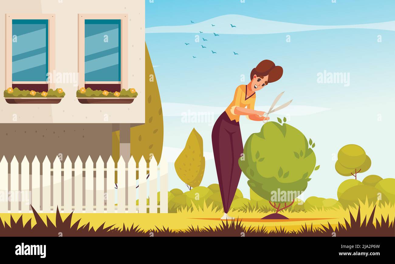 Summer daily routine flat composition with happy woman pruning bush ...