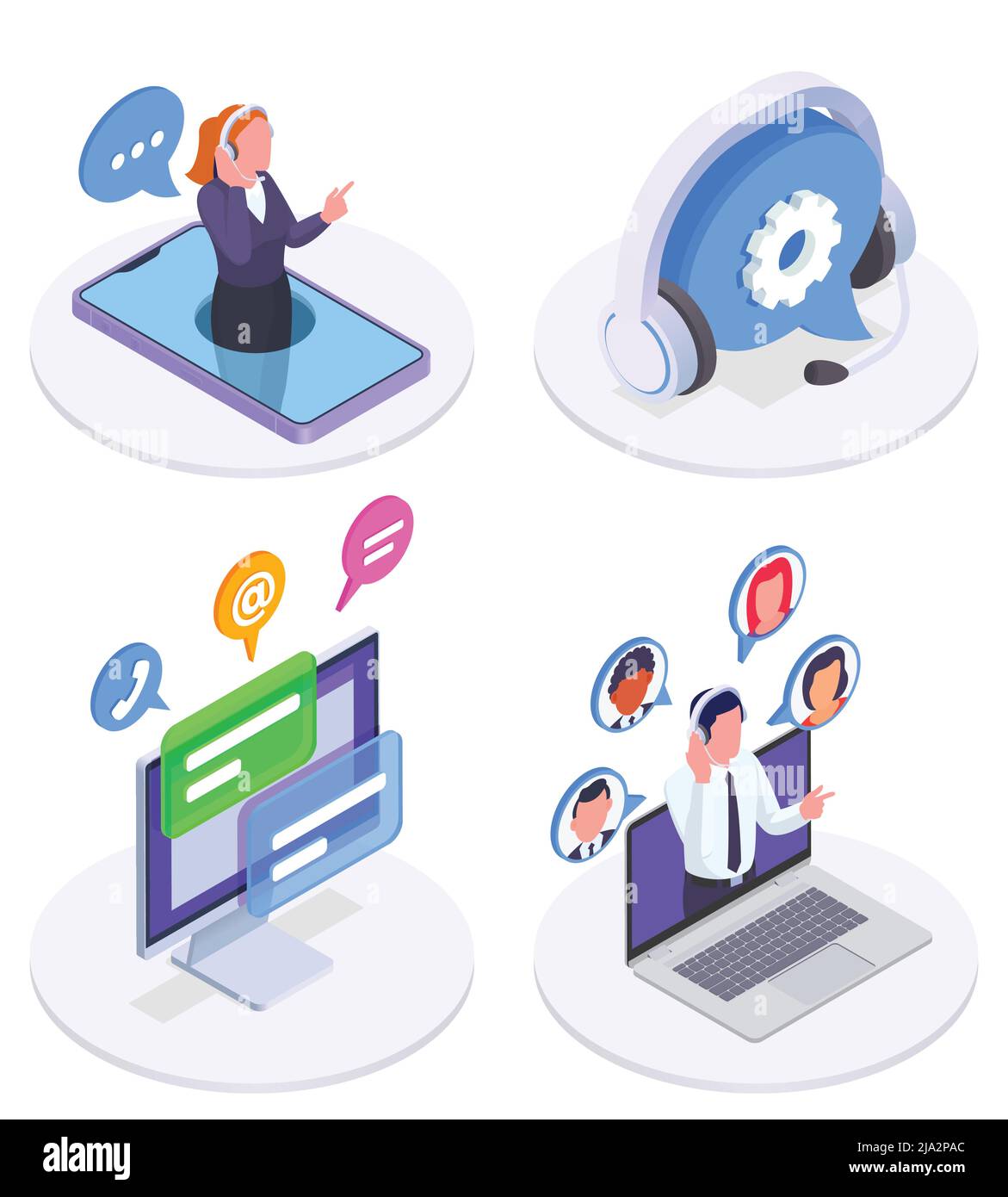 Call center set with technical support and response symbols isometric ...