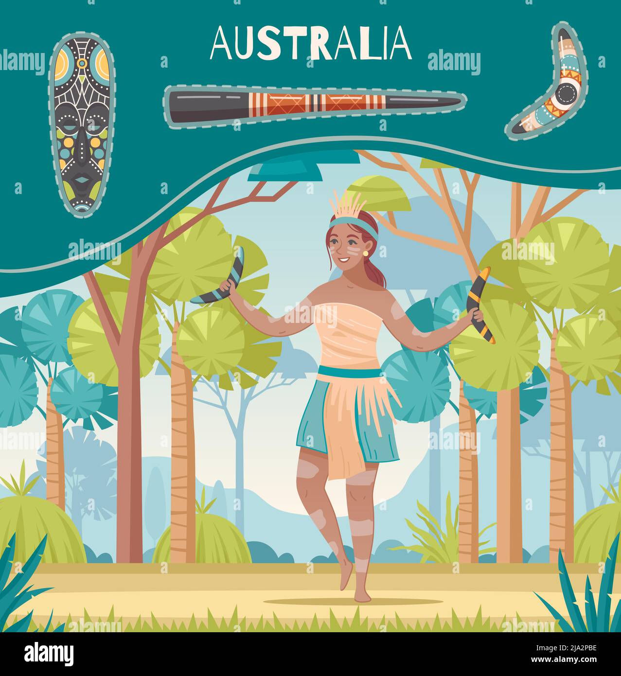 Australia cartoon poster with charming female aborigine in national ...