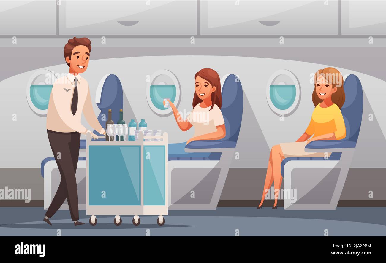 Steward offering drinks to passengers in plane cartoon vector ...