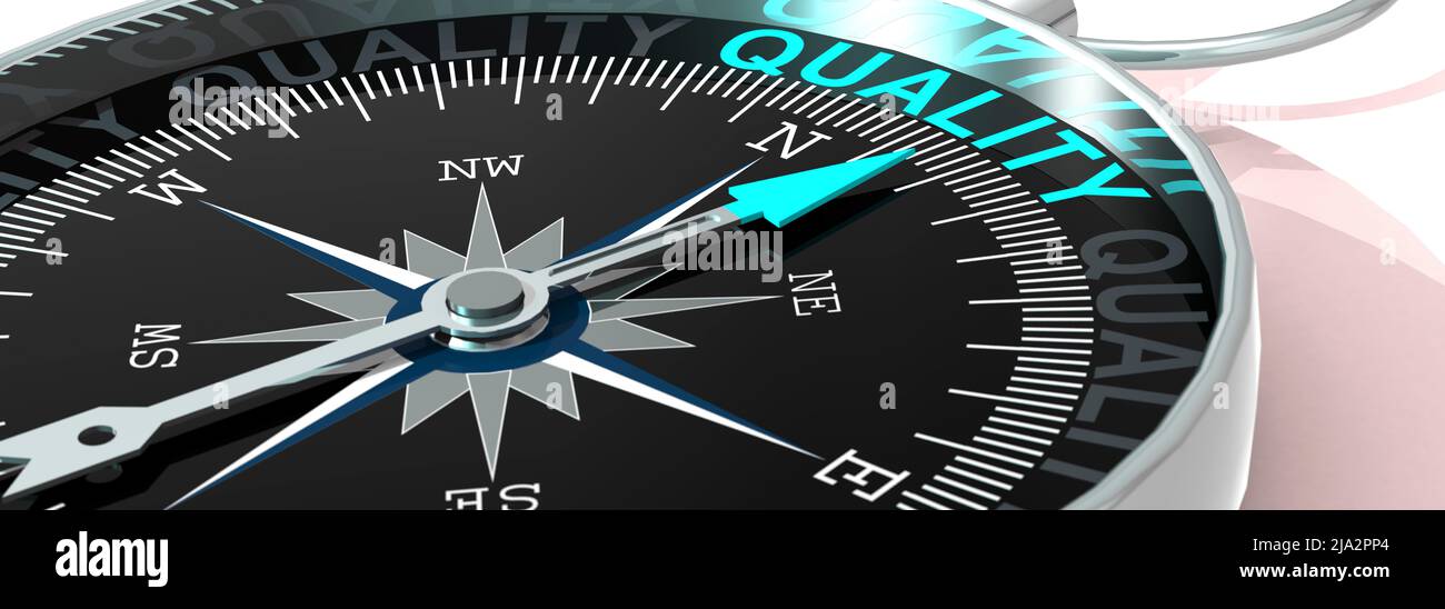 Compass needle pointing to word quality, 3d rendering Stock Photo - Alamy