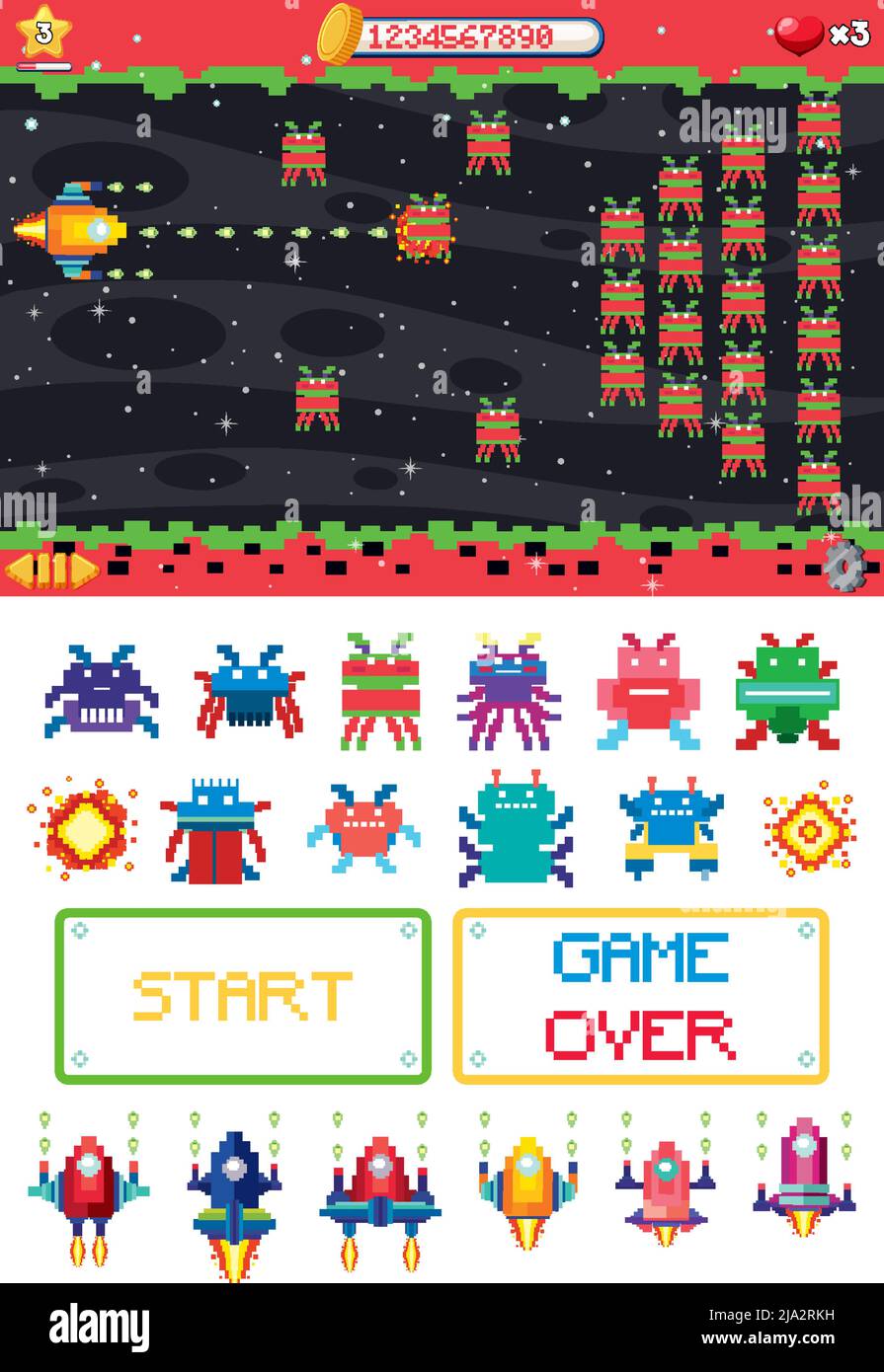 Platform game interface design with icons isolated illustration Stock ...