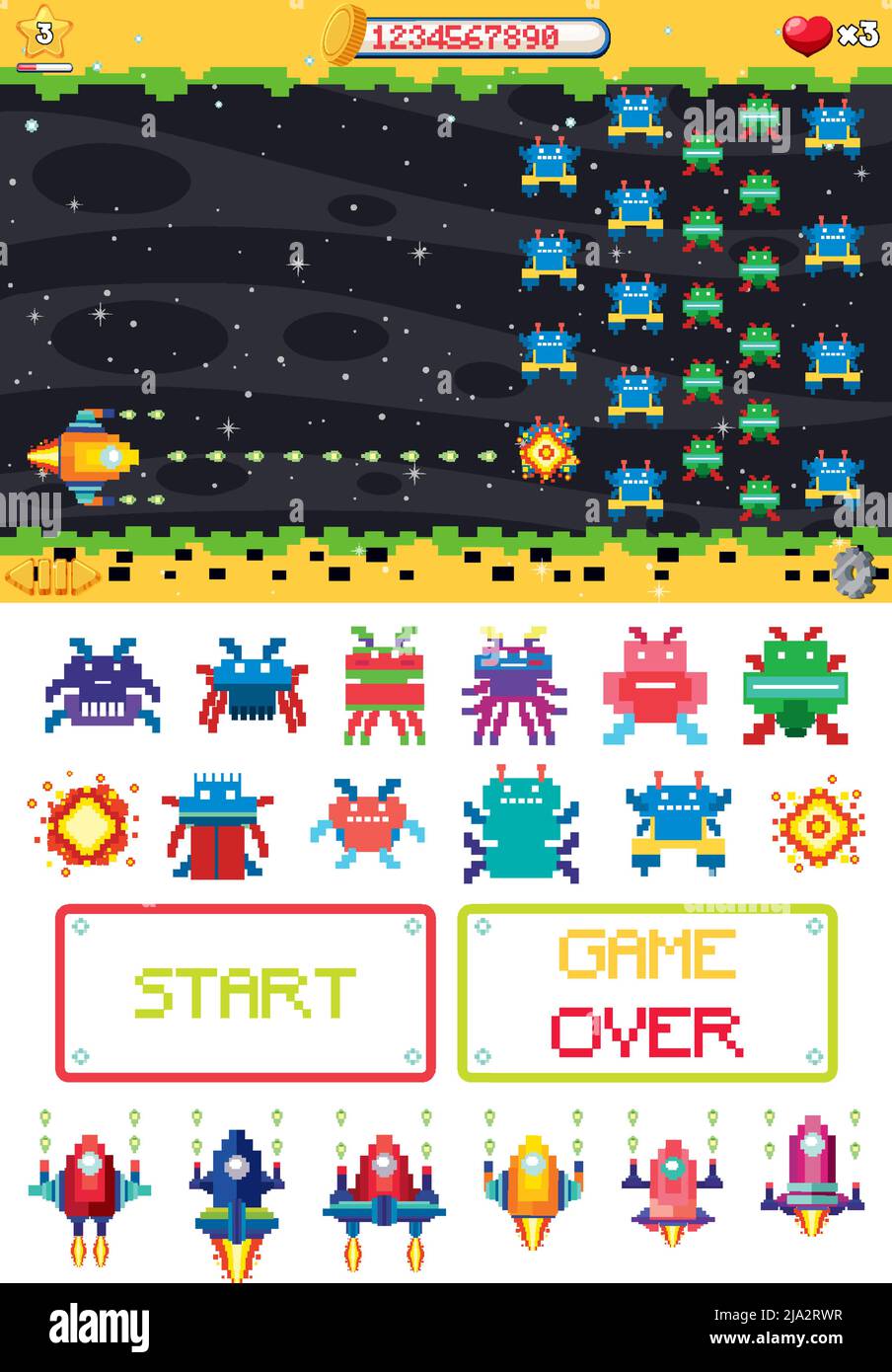 Platform game interface design with icons isolated illustration Stock ...