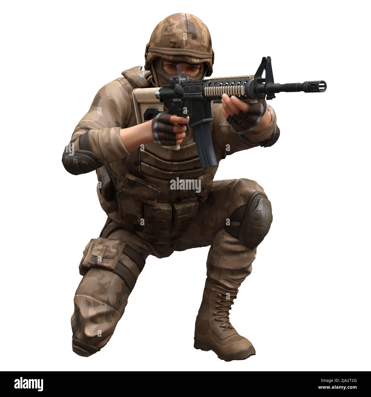 3D illustration soldier with a machine gun isolated white background ...