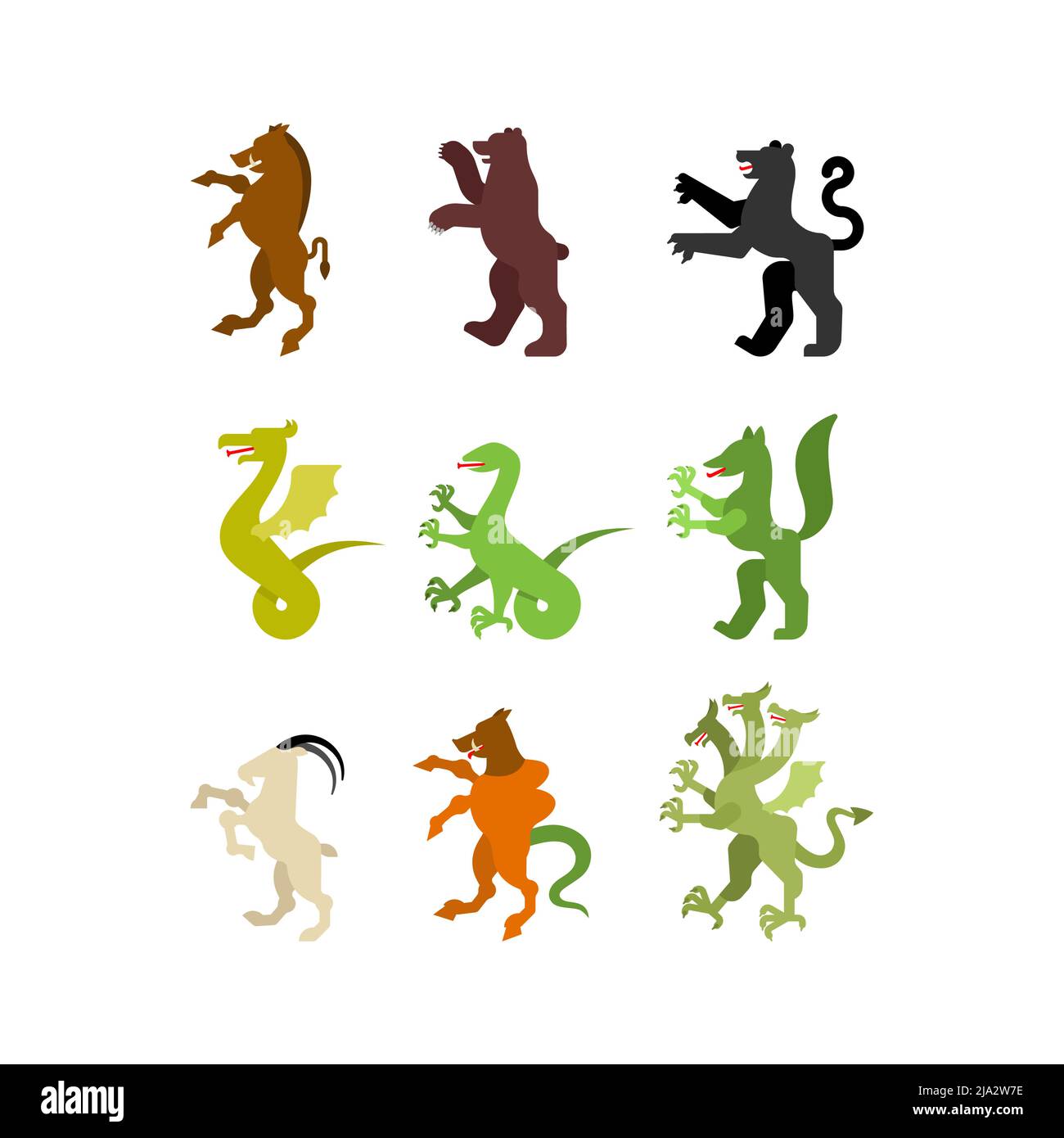 Heraldic animal set. Boar and bear. Panther, Amphiptere and salamander ...