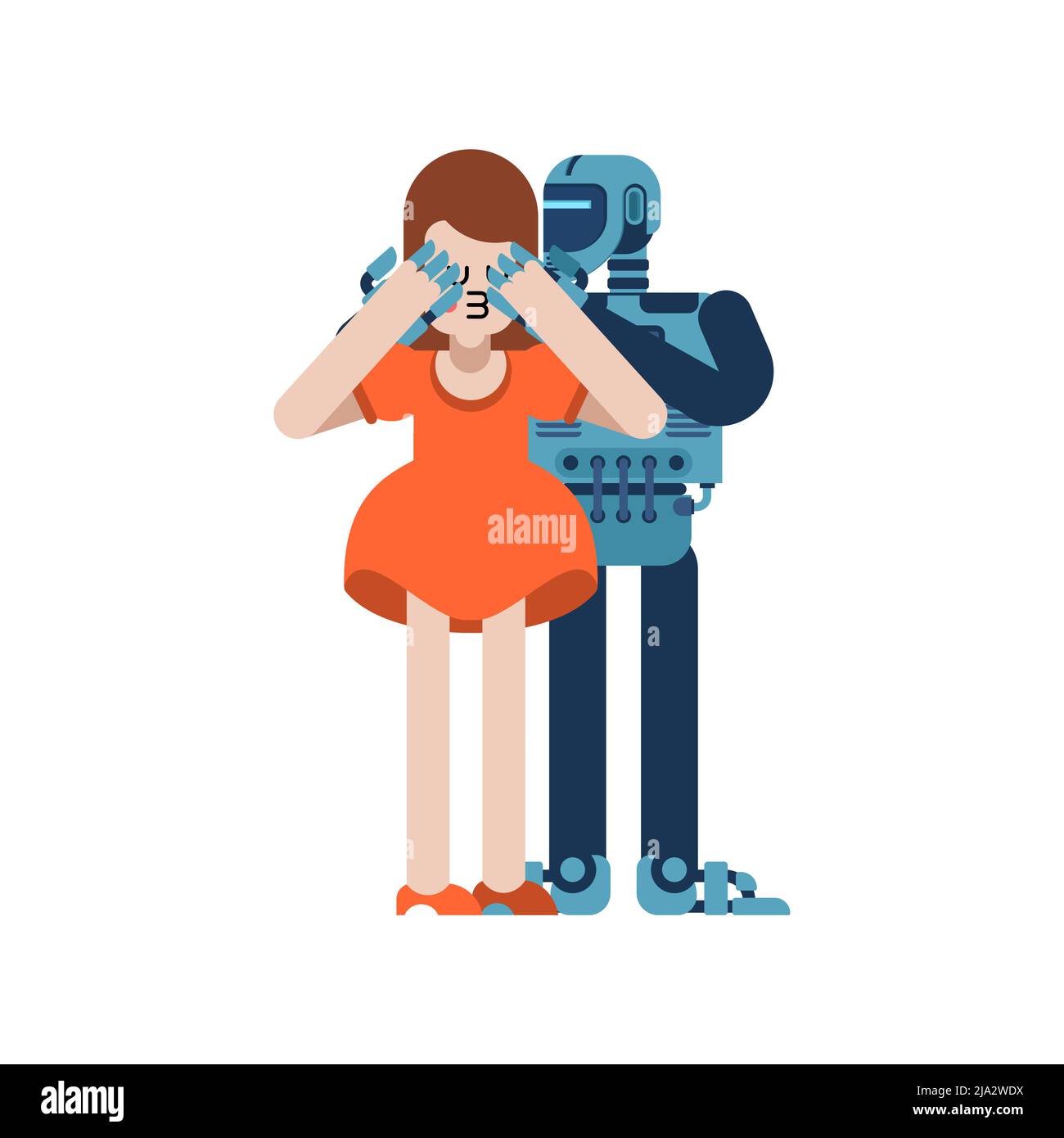Lovers robot game closes your eyes from behind. Loving couple cyborg ...