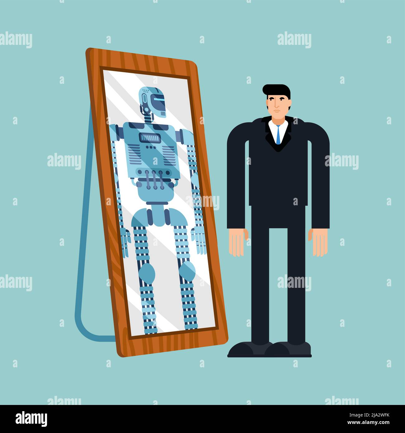 Robot will replace human. Robot is reflected in mirror of man. Concept ...