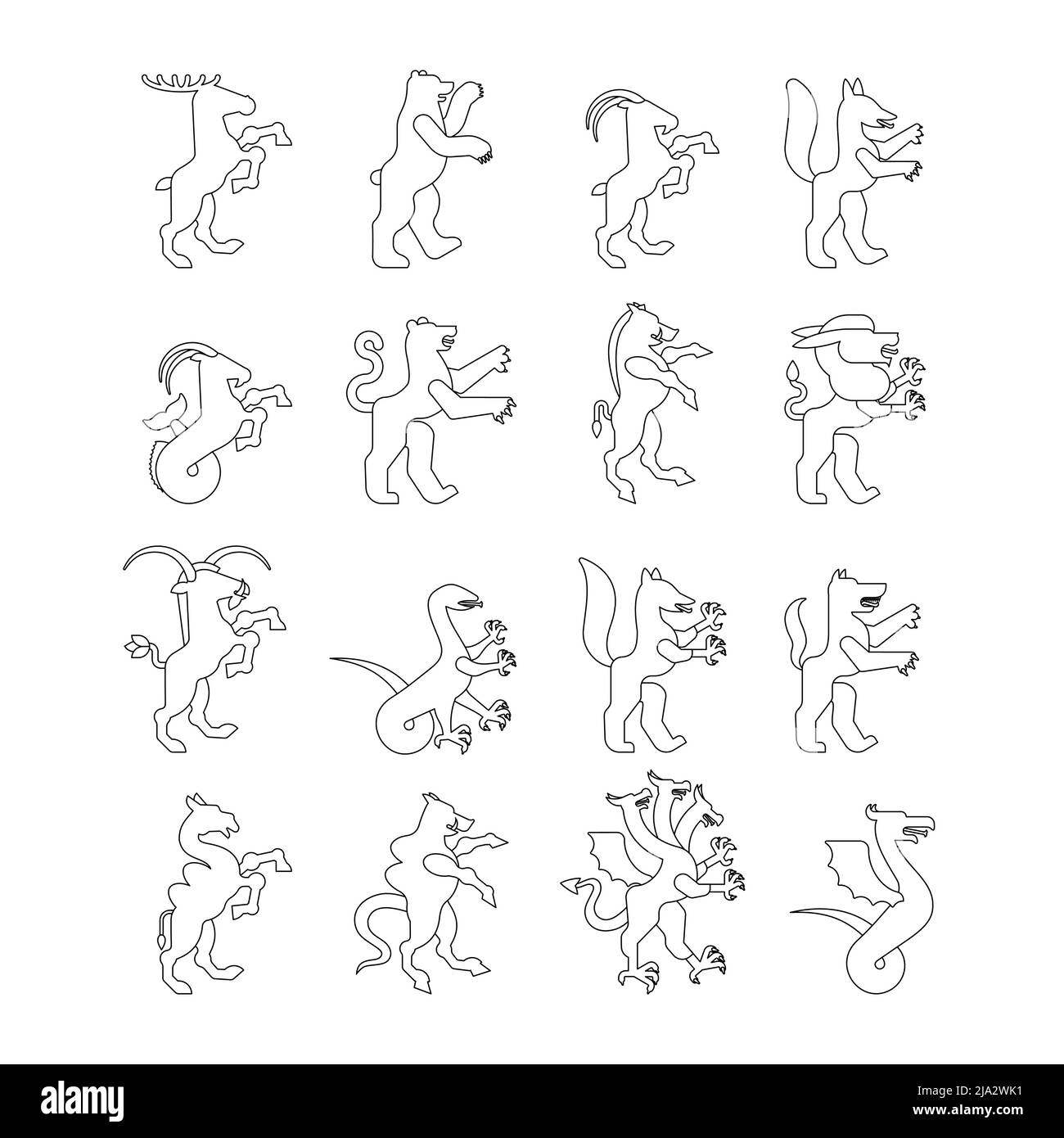 Heraldic animal set linear style. Panther, camel. Goat, Hydra and ...