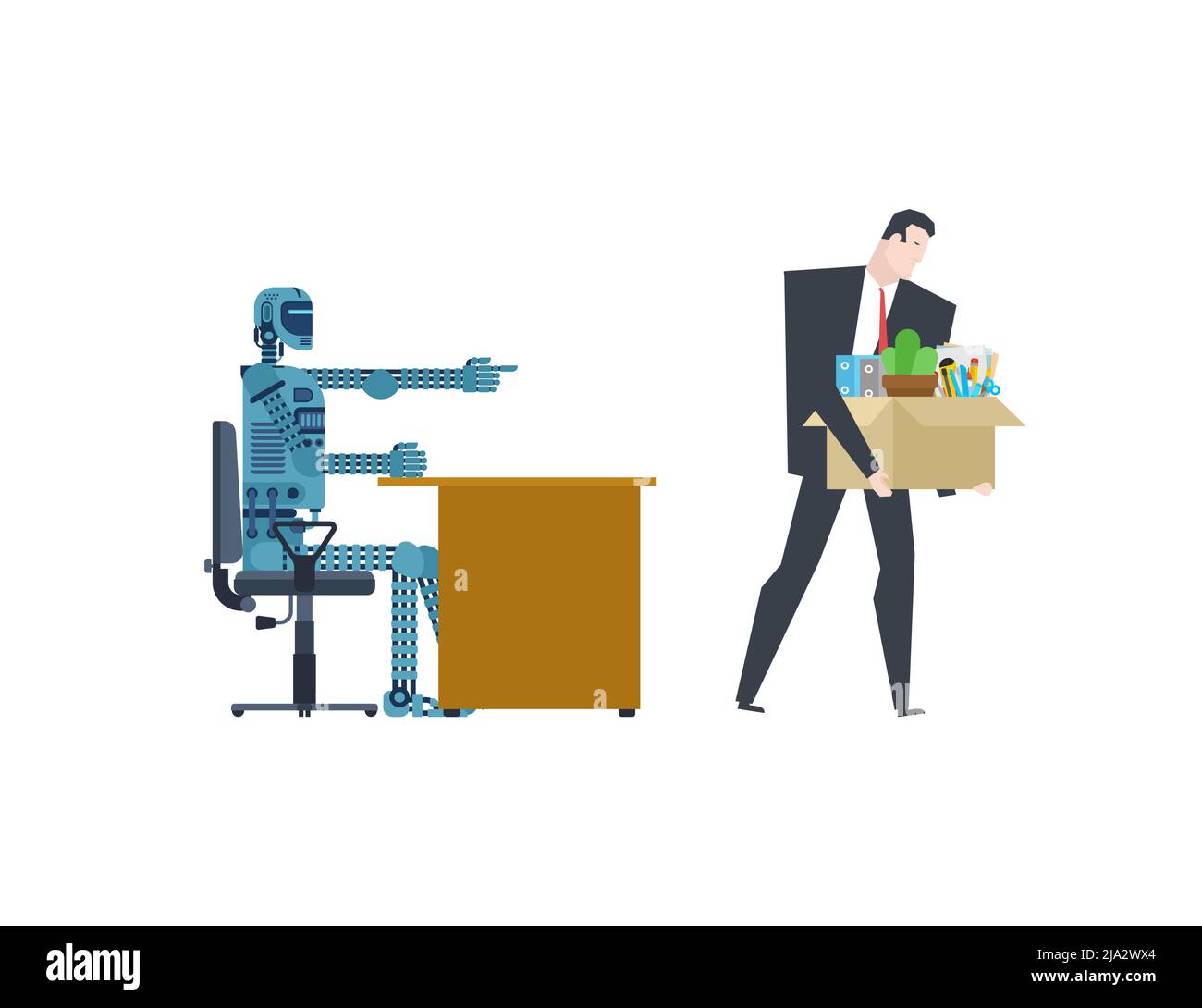 Robot fires man. Boss cyborg kicks out manager. Concept of replacing ...